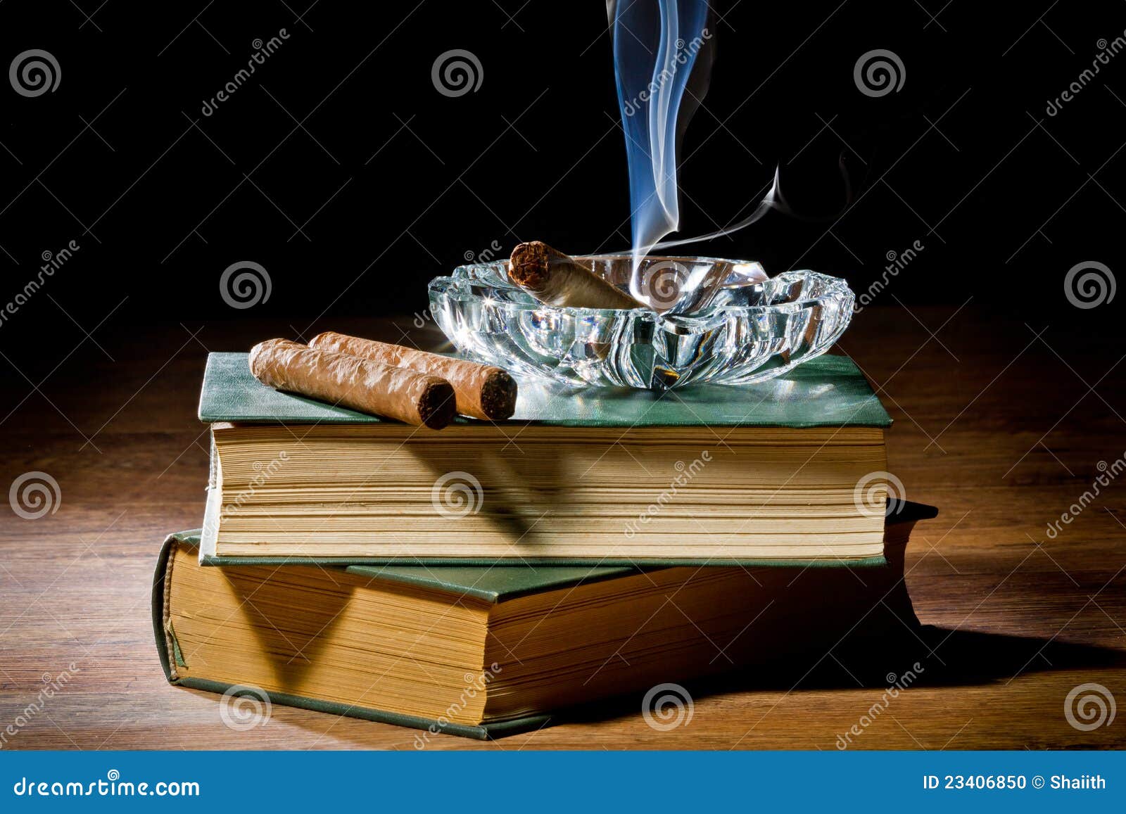 Smoke from Cigar with Ashtray and Two Books Stock Photo - Image of ...