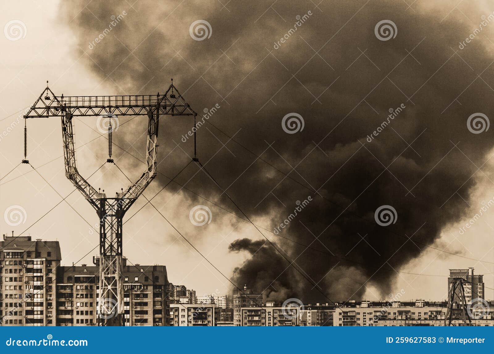 Smoke Column Over City. Bombing, Fire Stock Image - Image of ...
