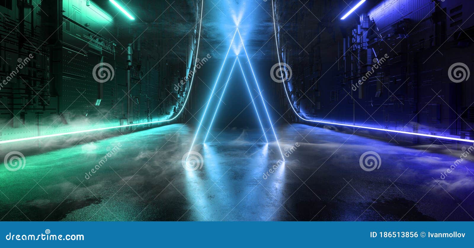 Smoke Fog Cyber Virtual Green Blue Triangle Laser Neon Glowing Sci Fi