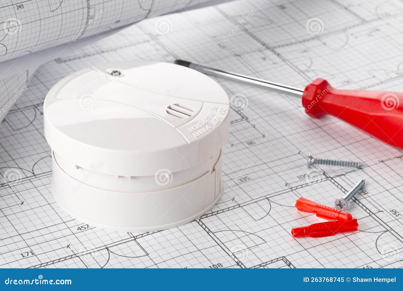 Smoke Detector or Fire Alarm Sensor on White Architectural Plans ...