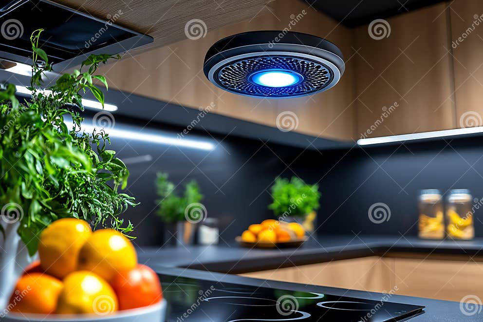 A Smoke Detector Installed on the Ceiling of a Stylish Kitchen, with a ...