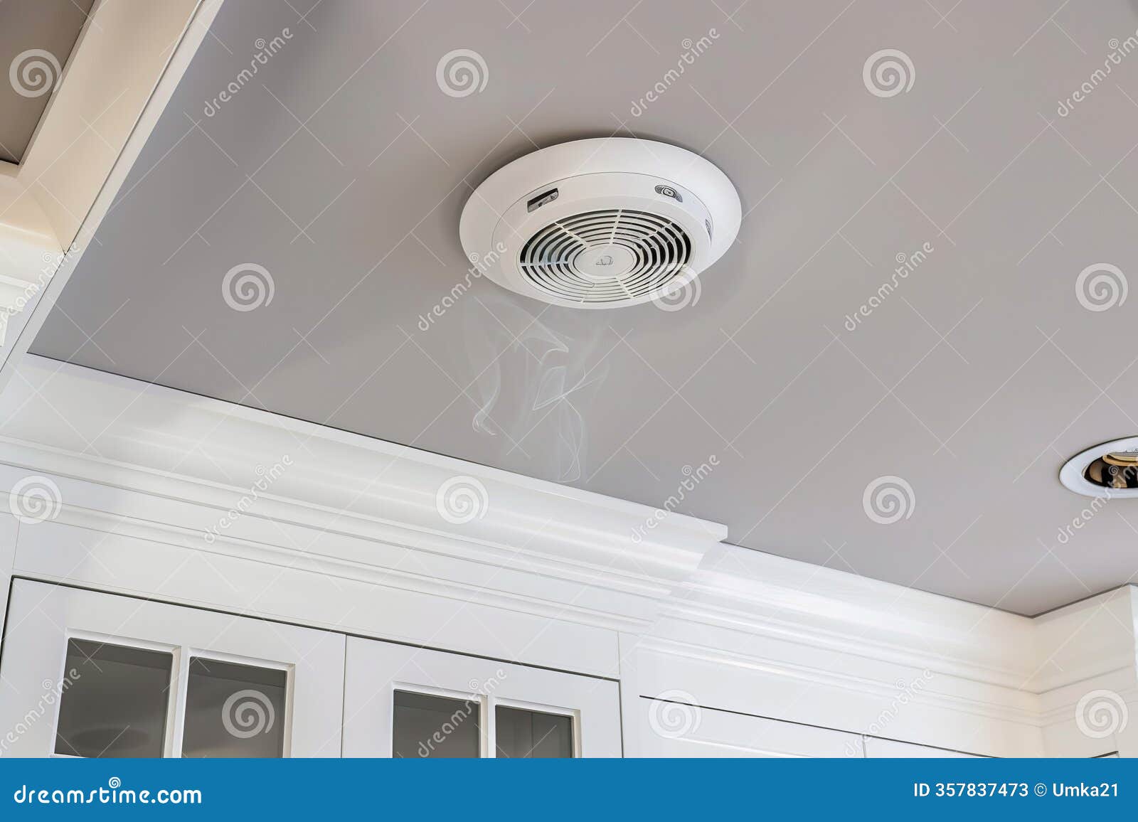 Smoke Detector on White Ceiling in Modern Kitchen Interior for Safety ...