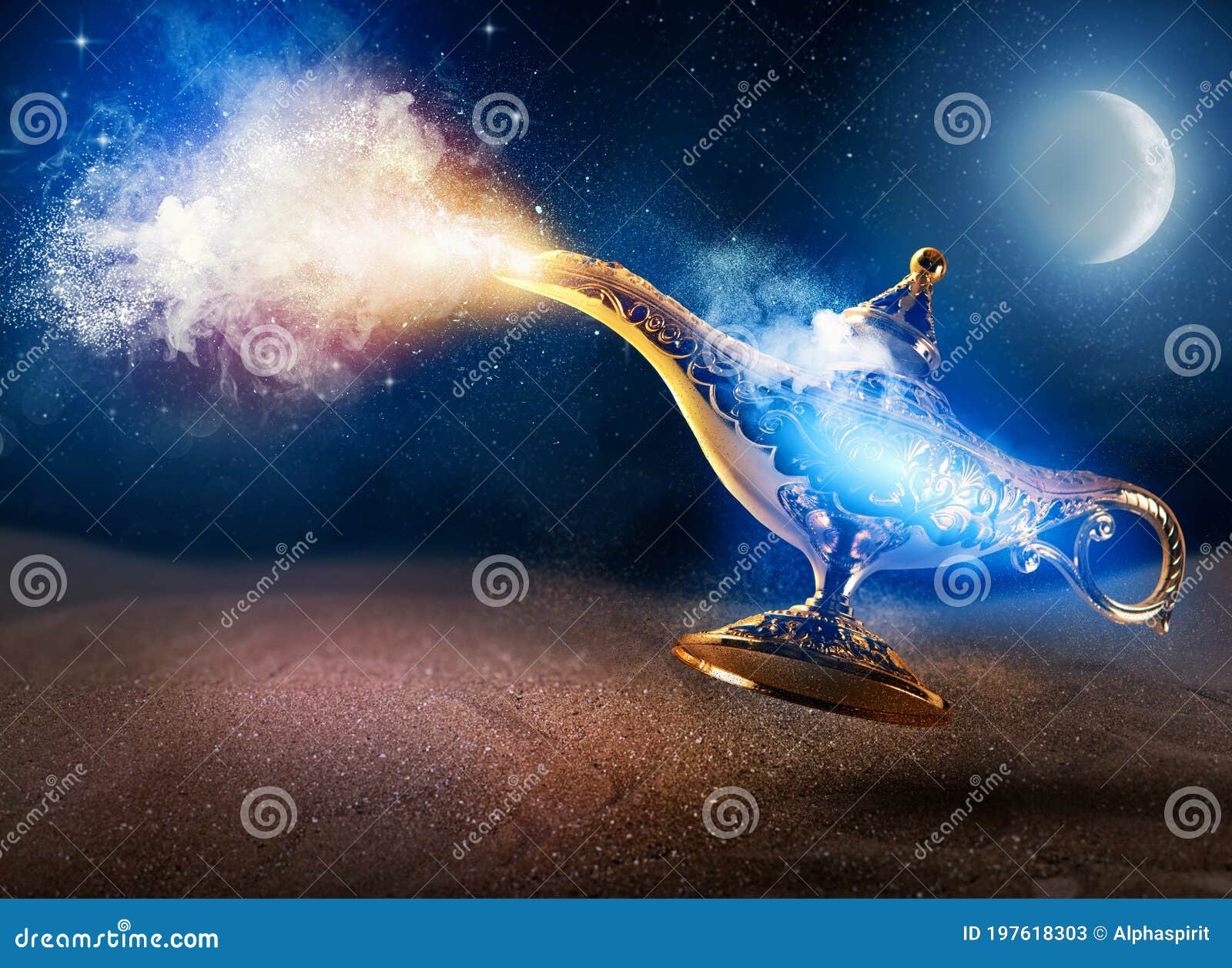 Smoke Exists from Magic Aladdin Genie Lamp in a Desert Stock Image ...