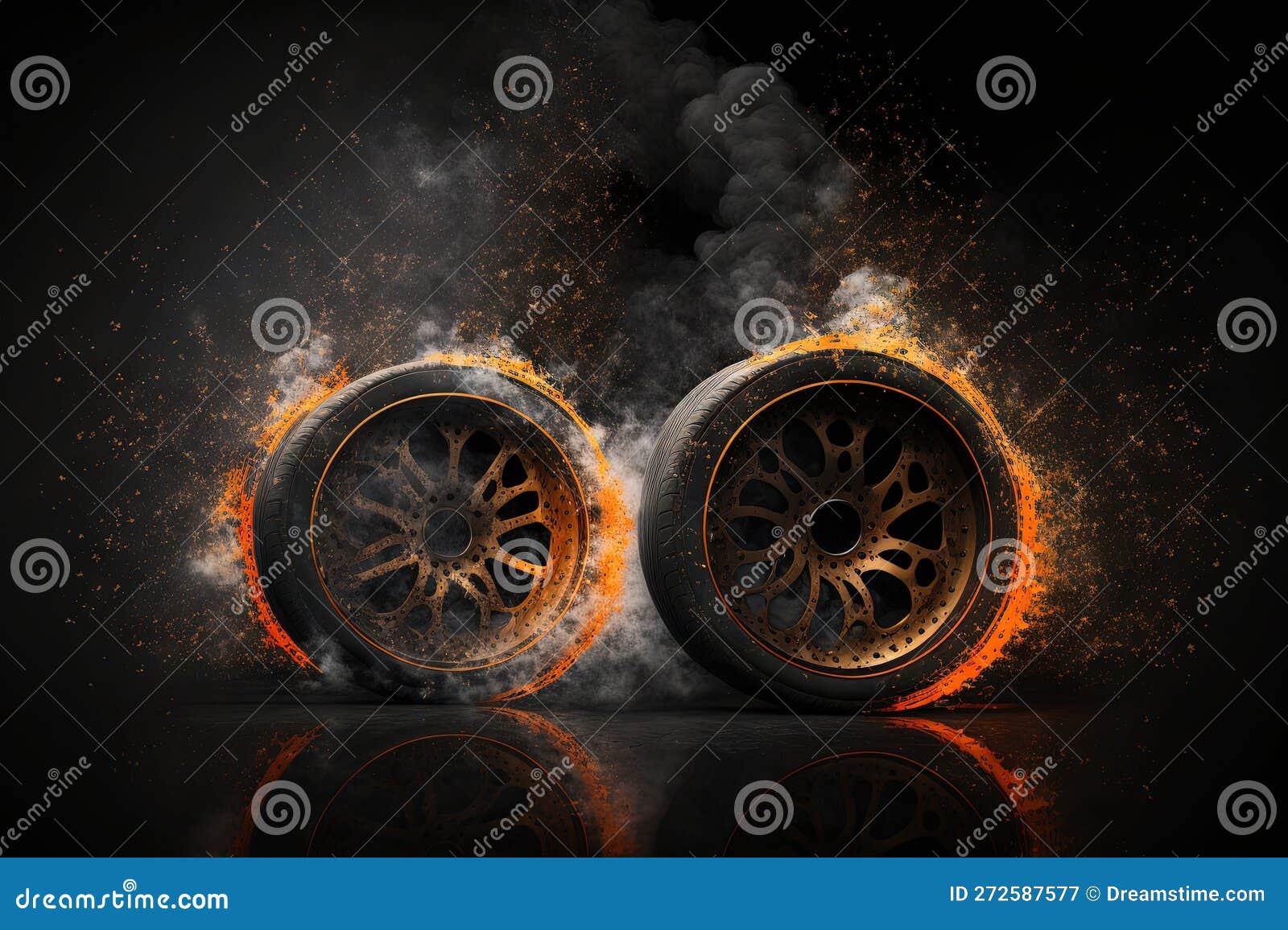 Smoke-filled Charred Wheels Against a Dark Background Stock ...