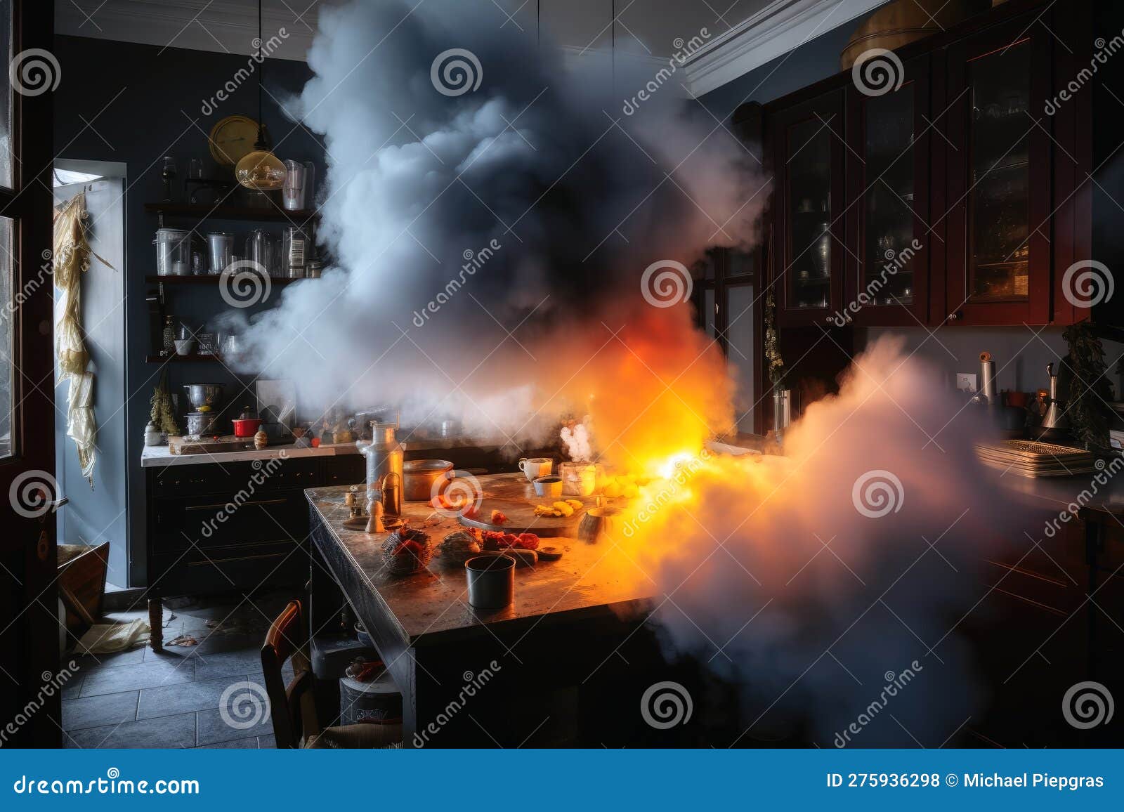 Smoke and Fire during an Accident in a Kitchen Created with Generative ...