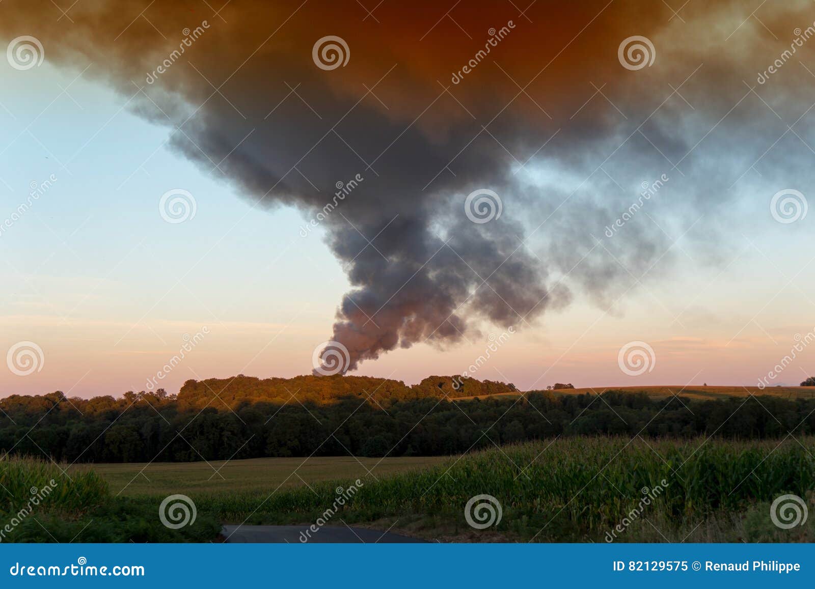 Smoke of a fire at sunset stock image. Image of insurance - 82129575