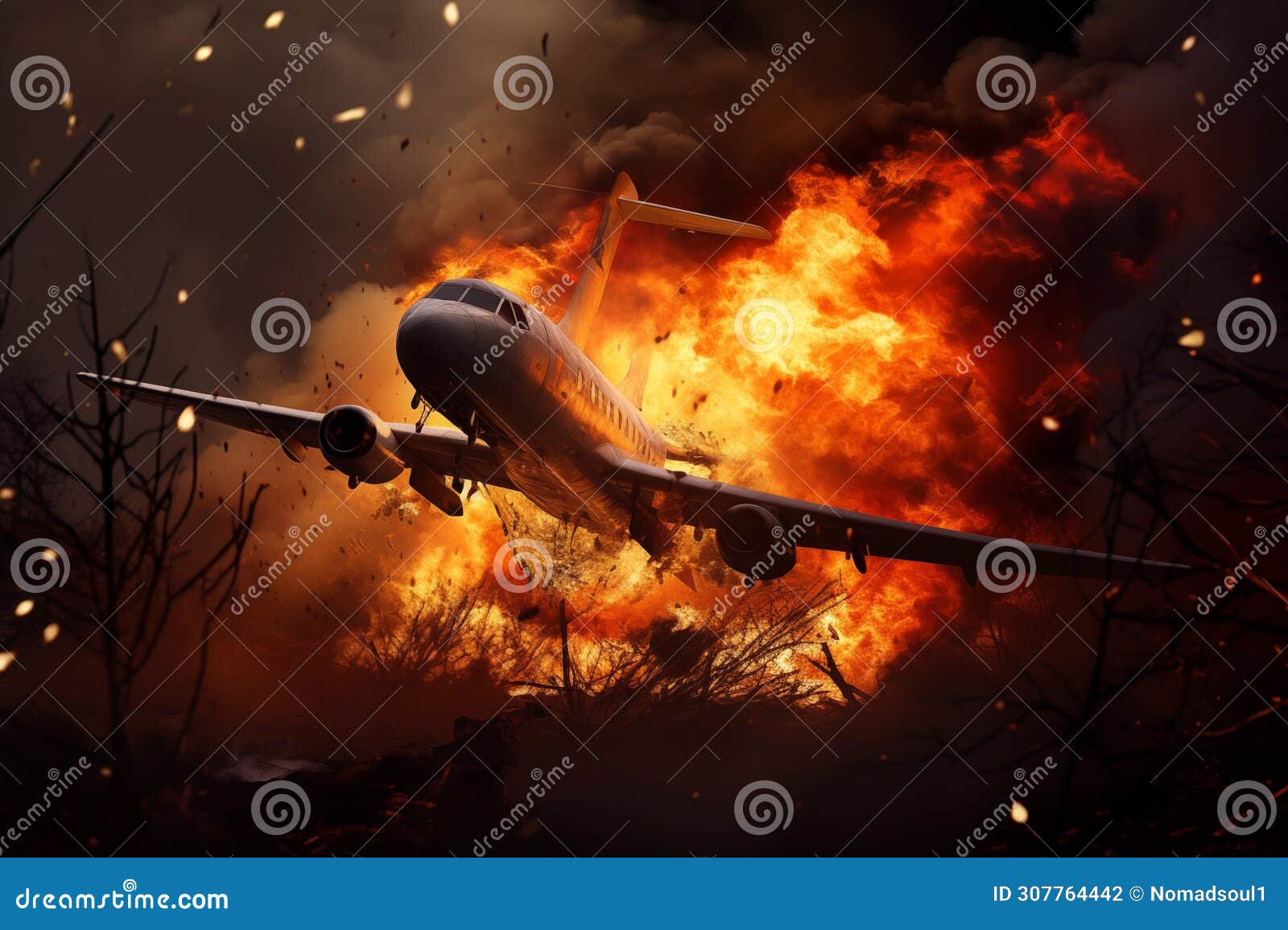 Smoke and Flames Rising from Downed Airplane. Generative AI Stock Photo ...