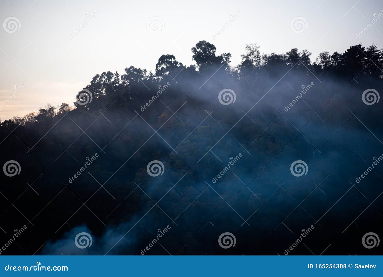 Smoke on Background with Mountains Covered with Trees Stock Photo ...