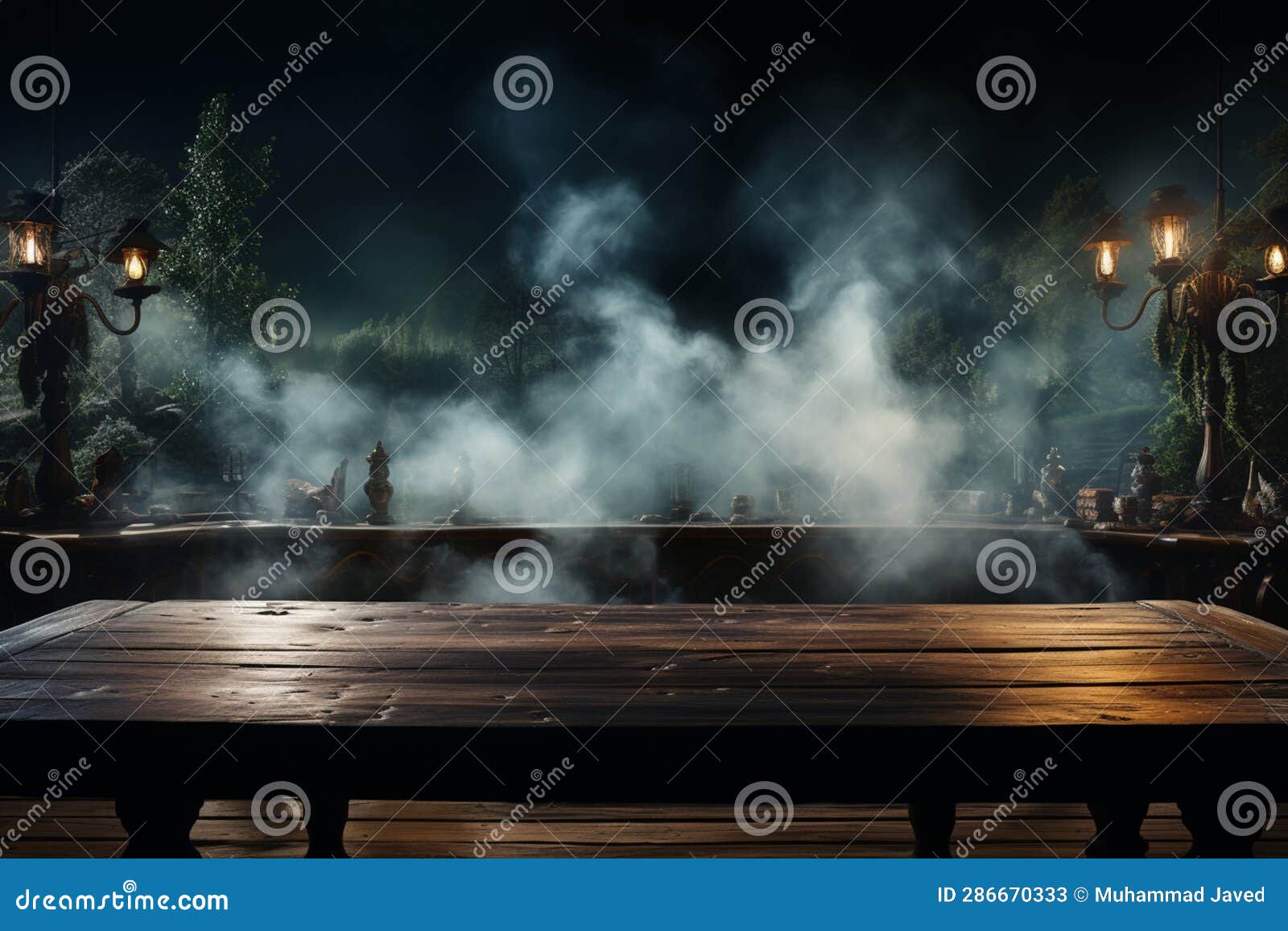 Smoke Rises Over Empty Wooden Table, Creating an Intriguing Backdrop ...