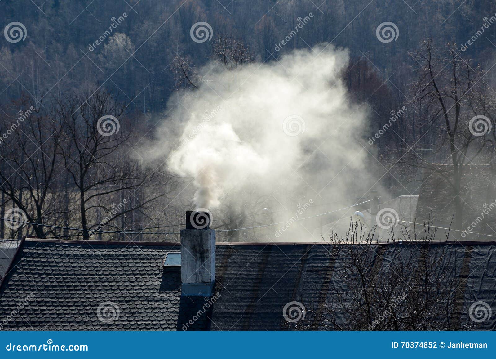 Smoke Rising From Chimney Of The House In Village. Air Pollution ...