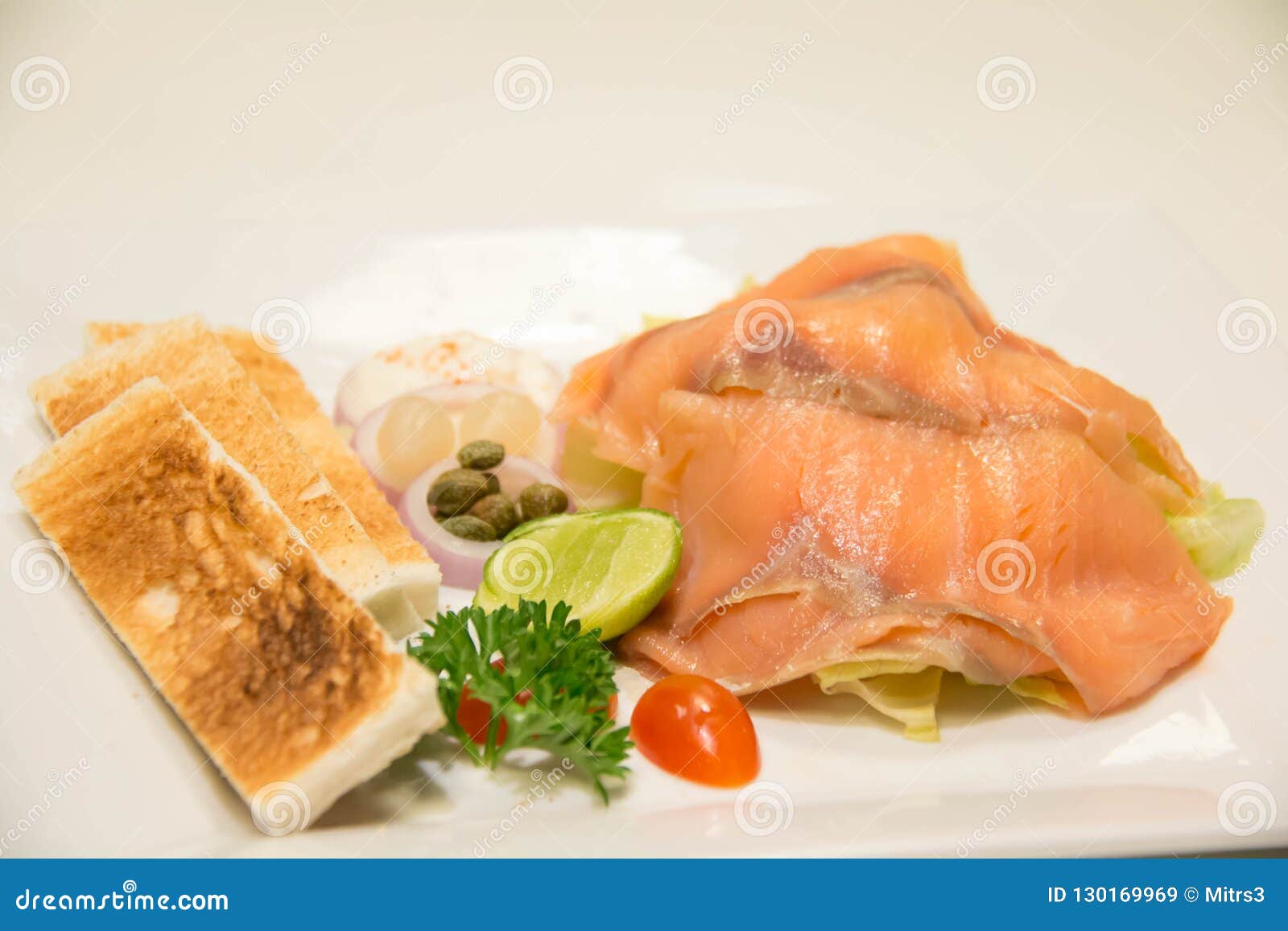Smoke Salmon Slice with Salad on White Plate Stock Image - Image of ...