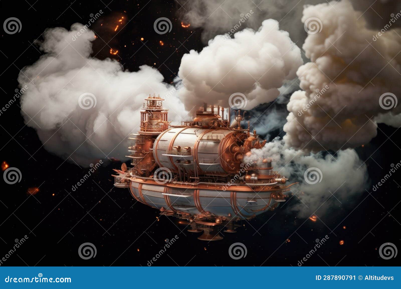 Smoke Swirling Around Floating Objects in a Spacecraft Stock Image ...