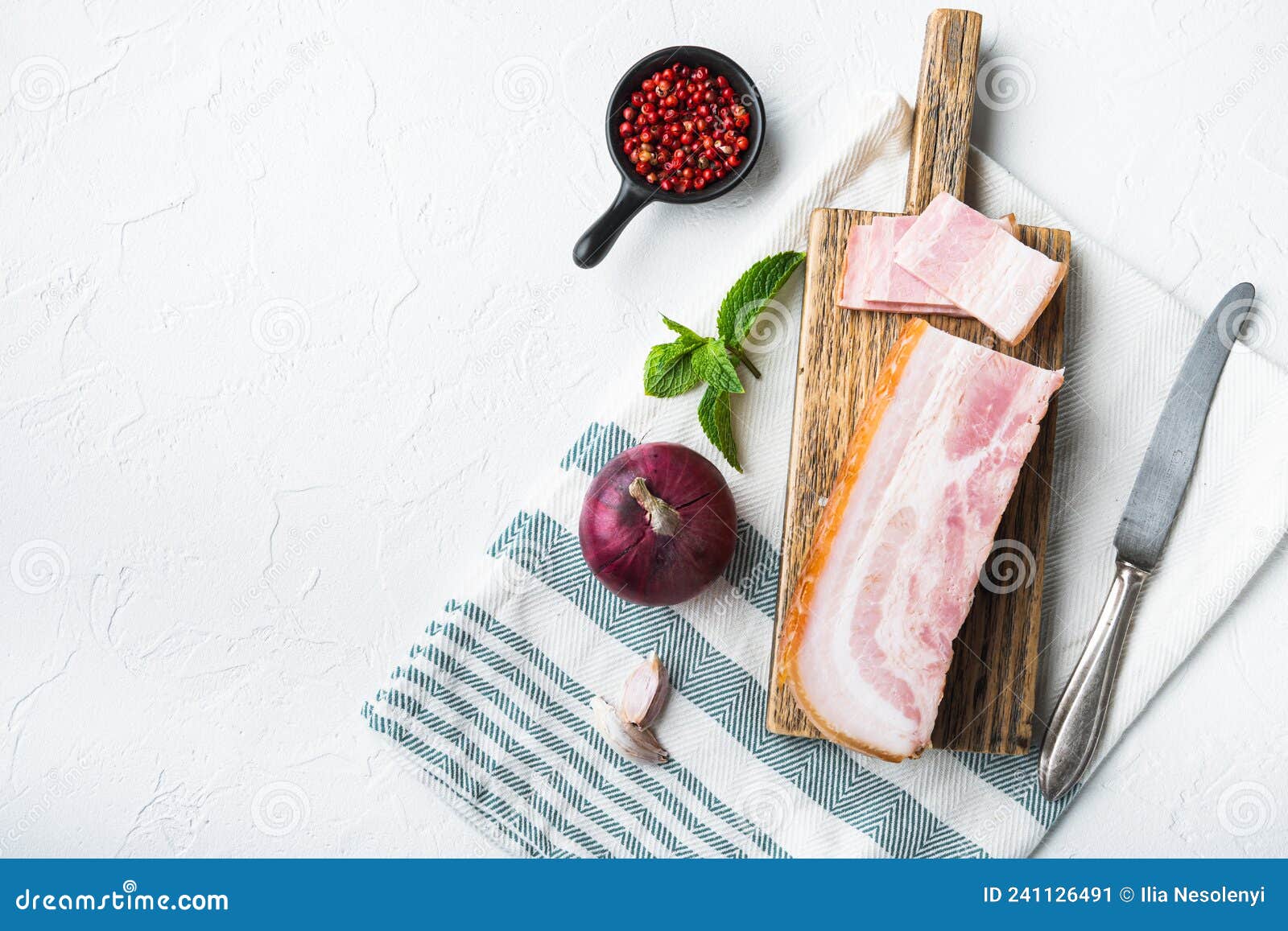 Smoked Bacon, Whole Slab with Herbs on White Background, Top View with ...