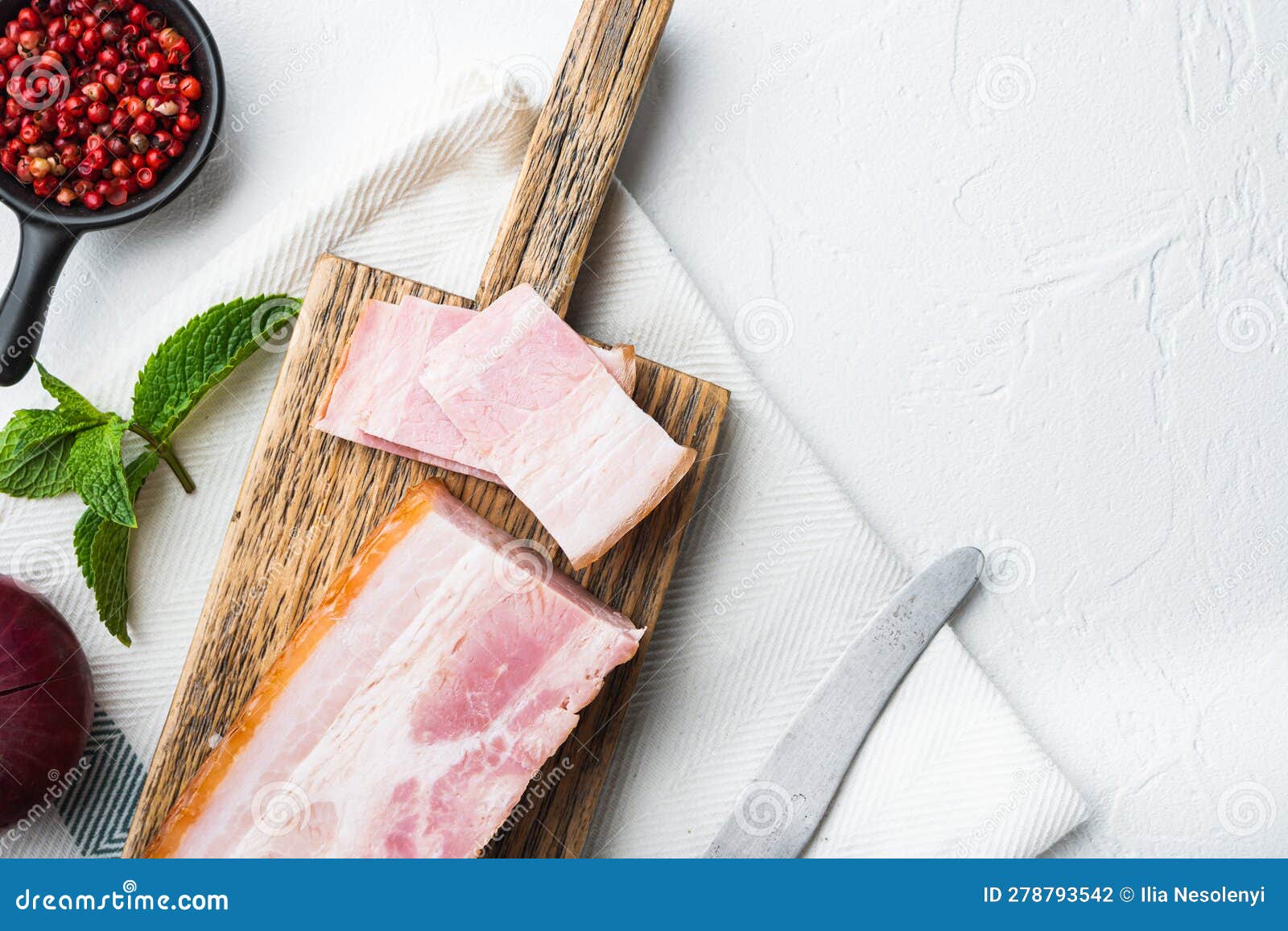 Smoked Bacon, Whole Slab with Herbs on White Background, Top View with ...