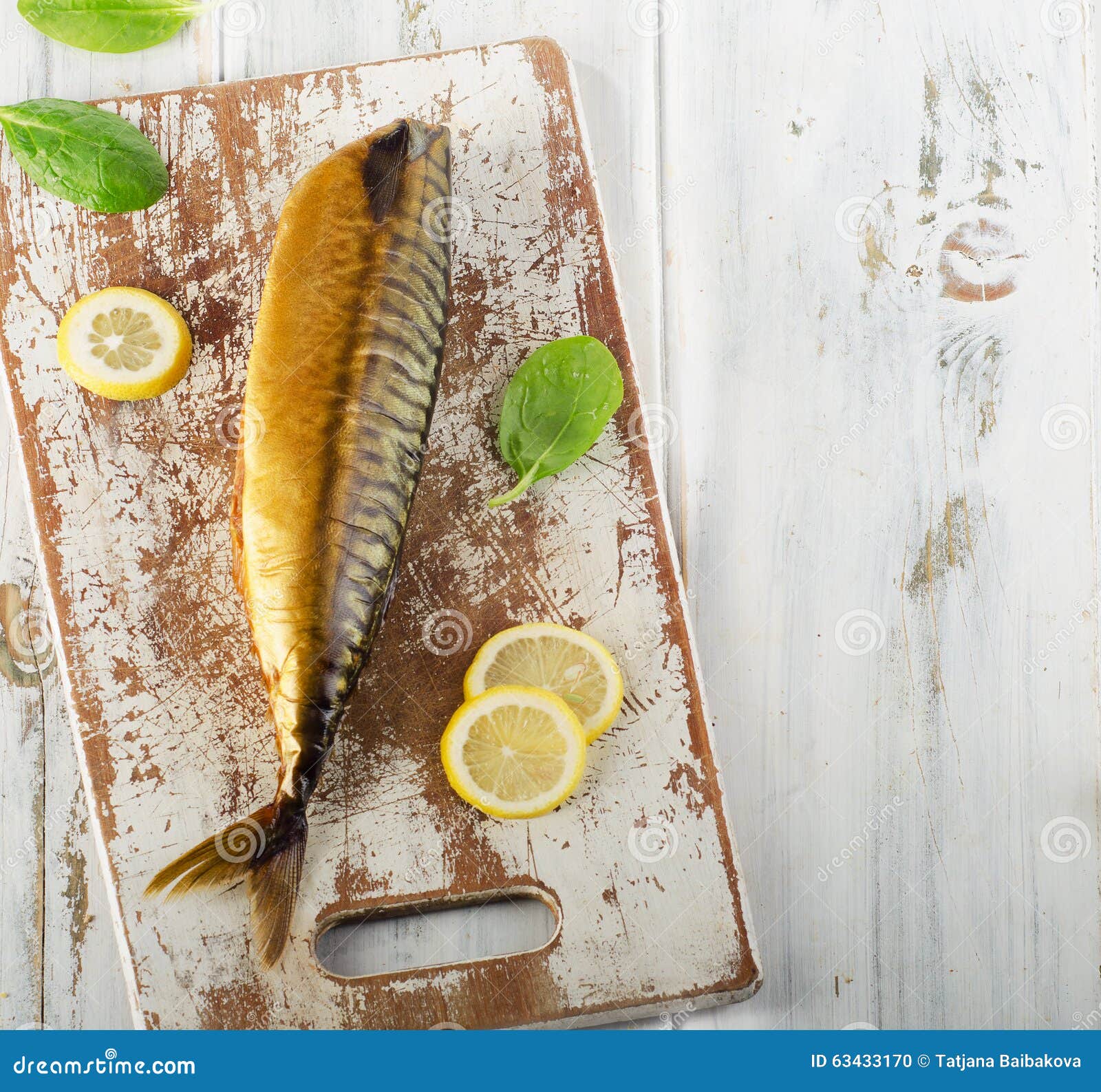Smoked Fish on Old White Wooden Board. Stock Photo - Image of smoked ...