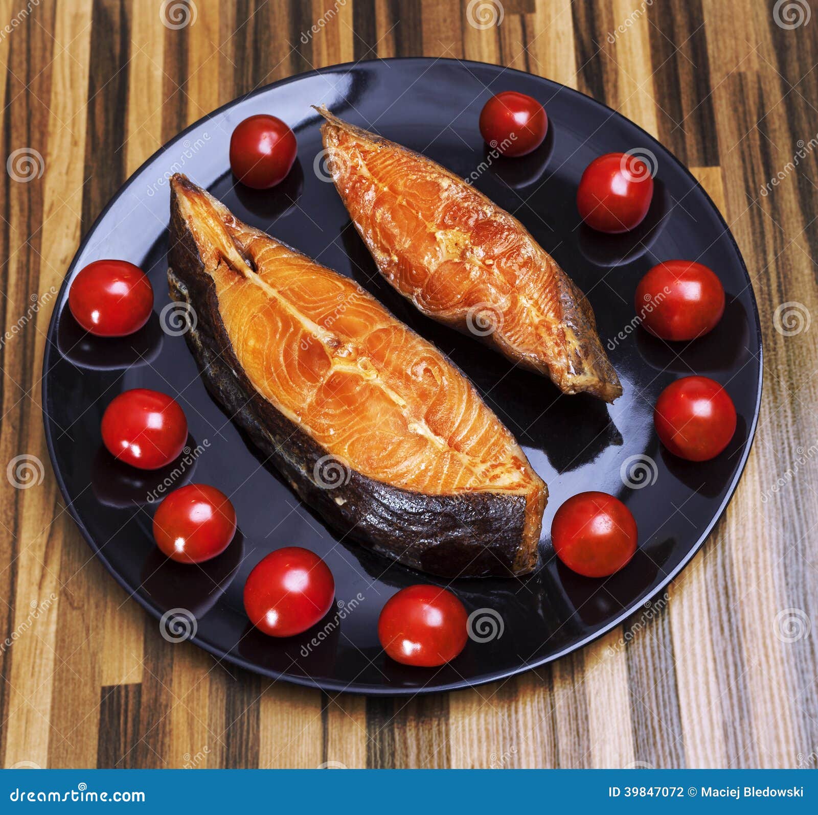 Smoked fish on plate stock photo. Image of meal, tomato - 39847072