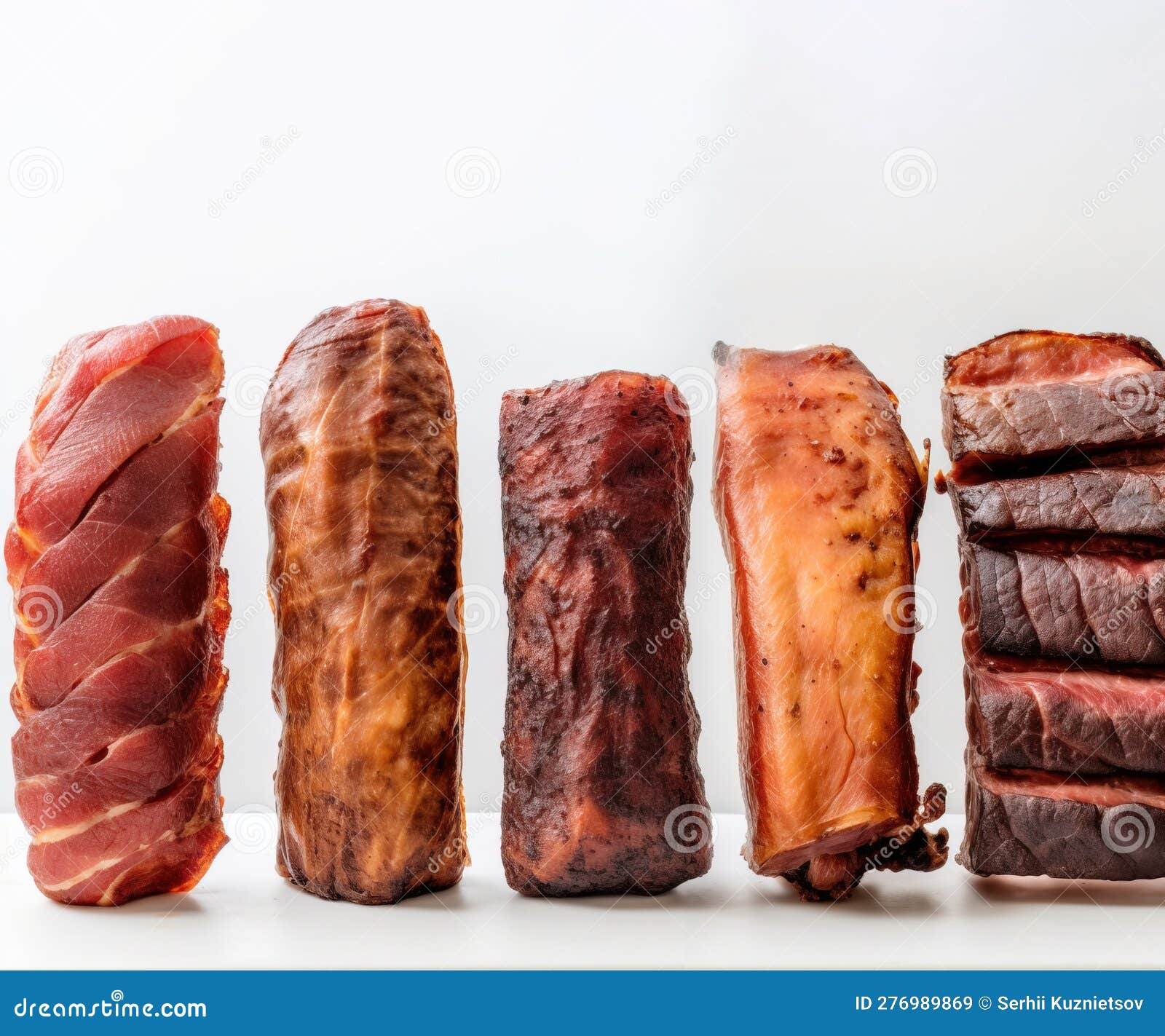 Smoked Fresh Meat, Different Varieties in a Row. White Background ...