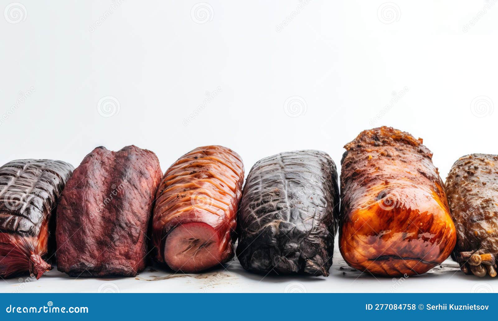 Smoked Fresh Meat, Different Varieties in a Row. White Background ...