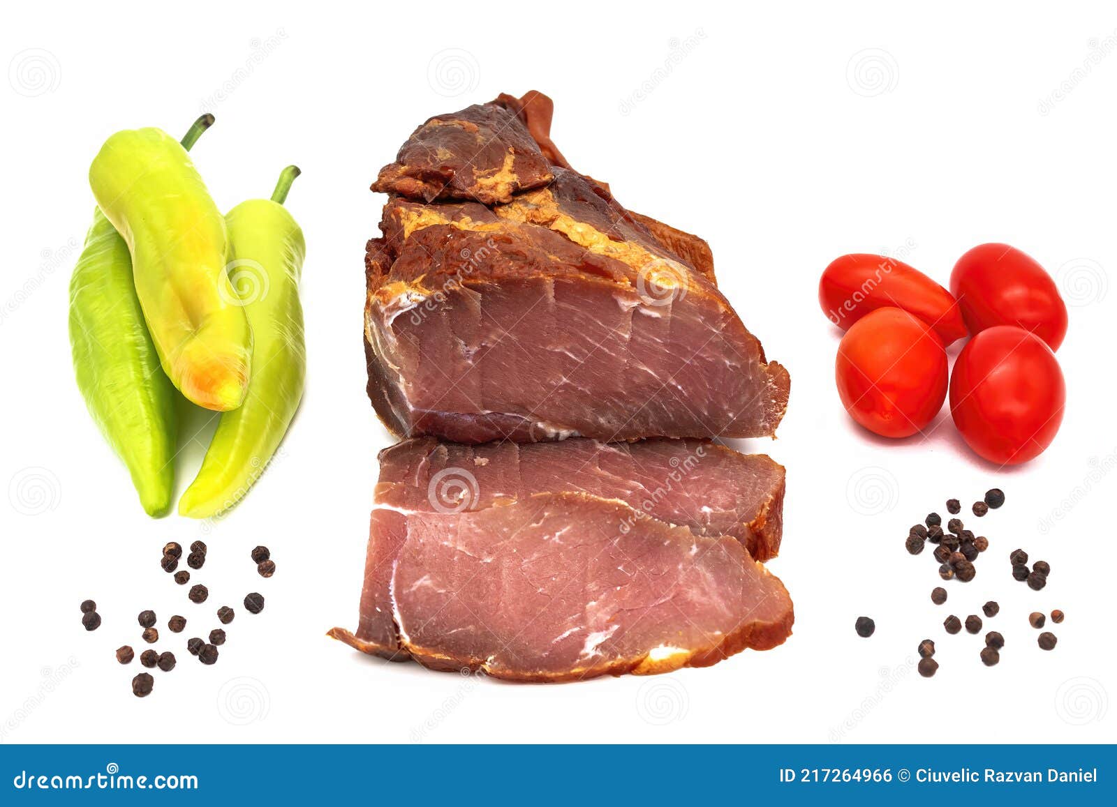 Smoked Ham Cut into Slices with Different Vegetables Isolated on a ...