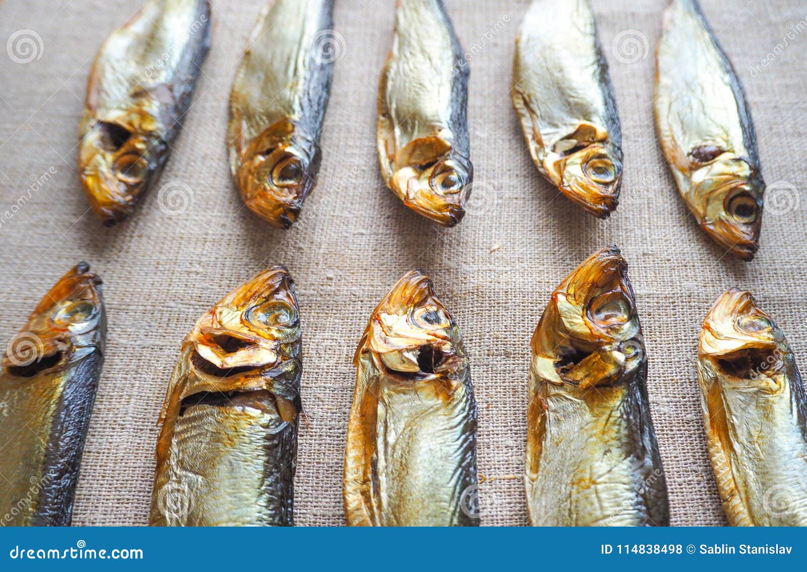Smoked Herring Fish. Delicious Smoked Fish on the Burlap. Stock Photo ...