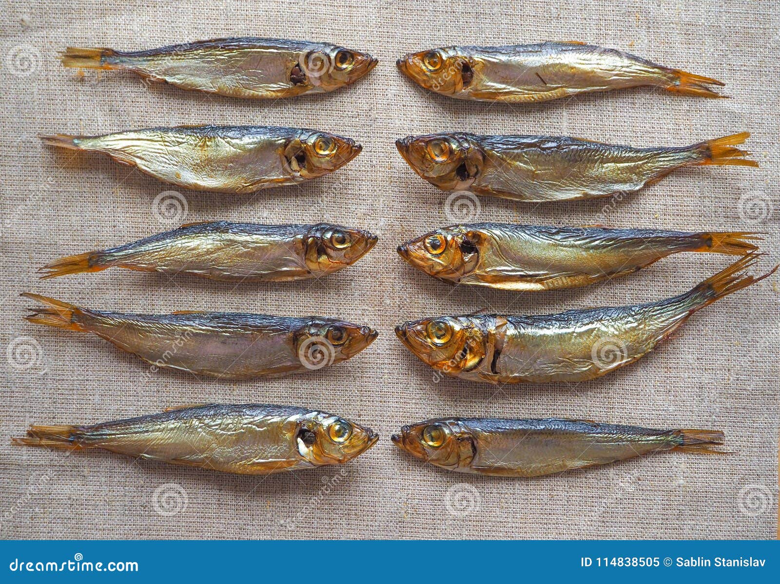 Smoked Herring Fish. Delicious Smoked Fish on the Burlap. Stock Image ...