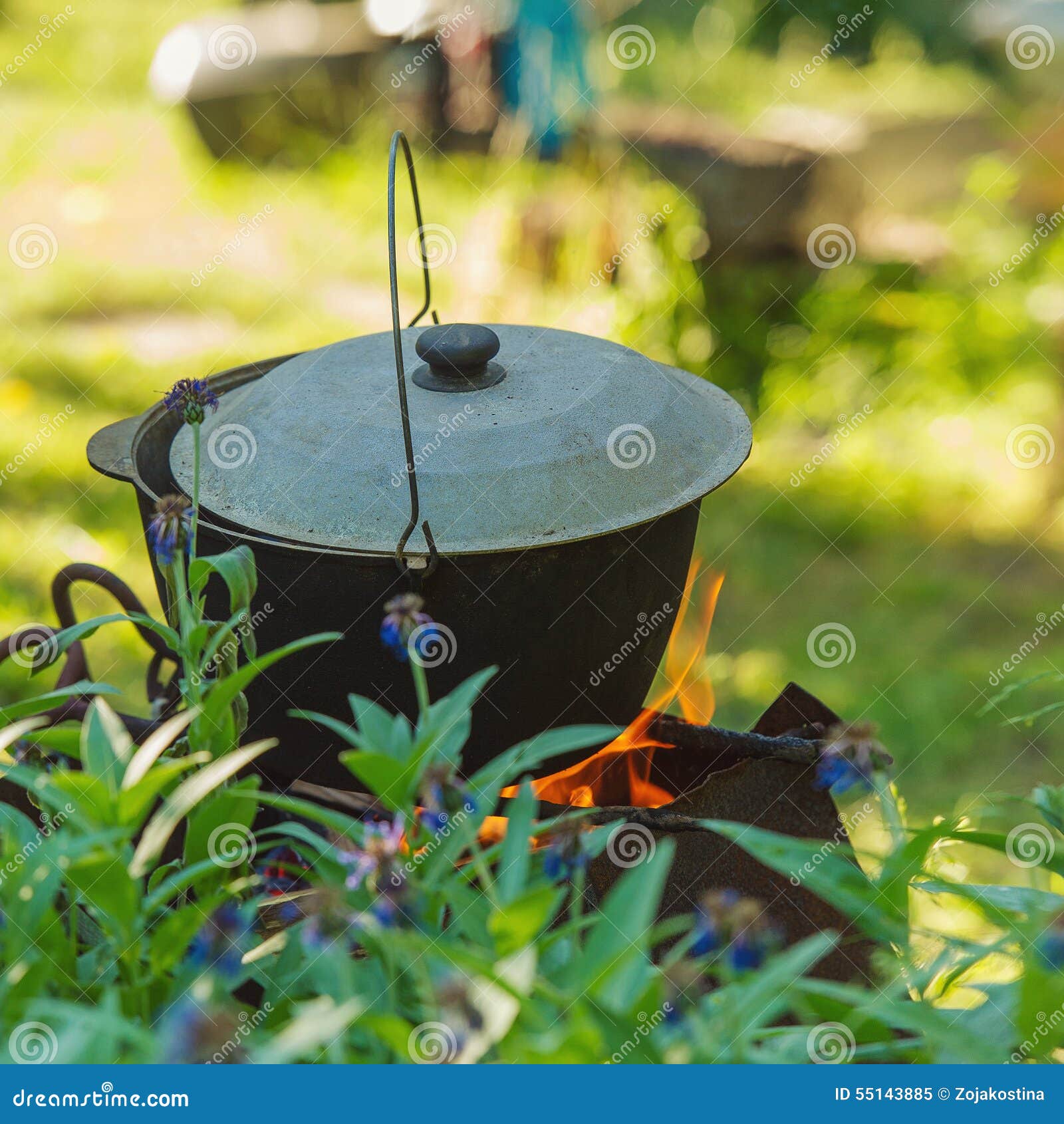 Old Smoked Kettle On The Fire. Romantic Warm Place. Kettle Hanging Over ...