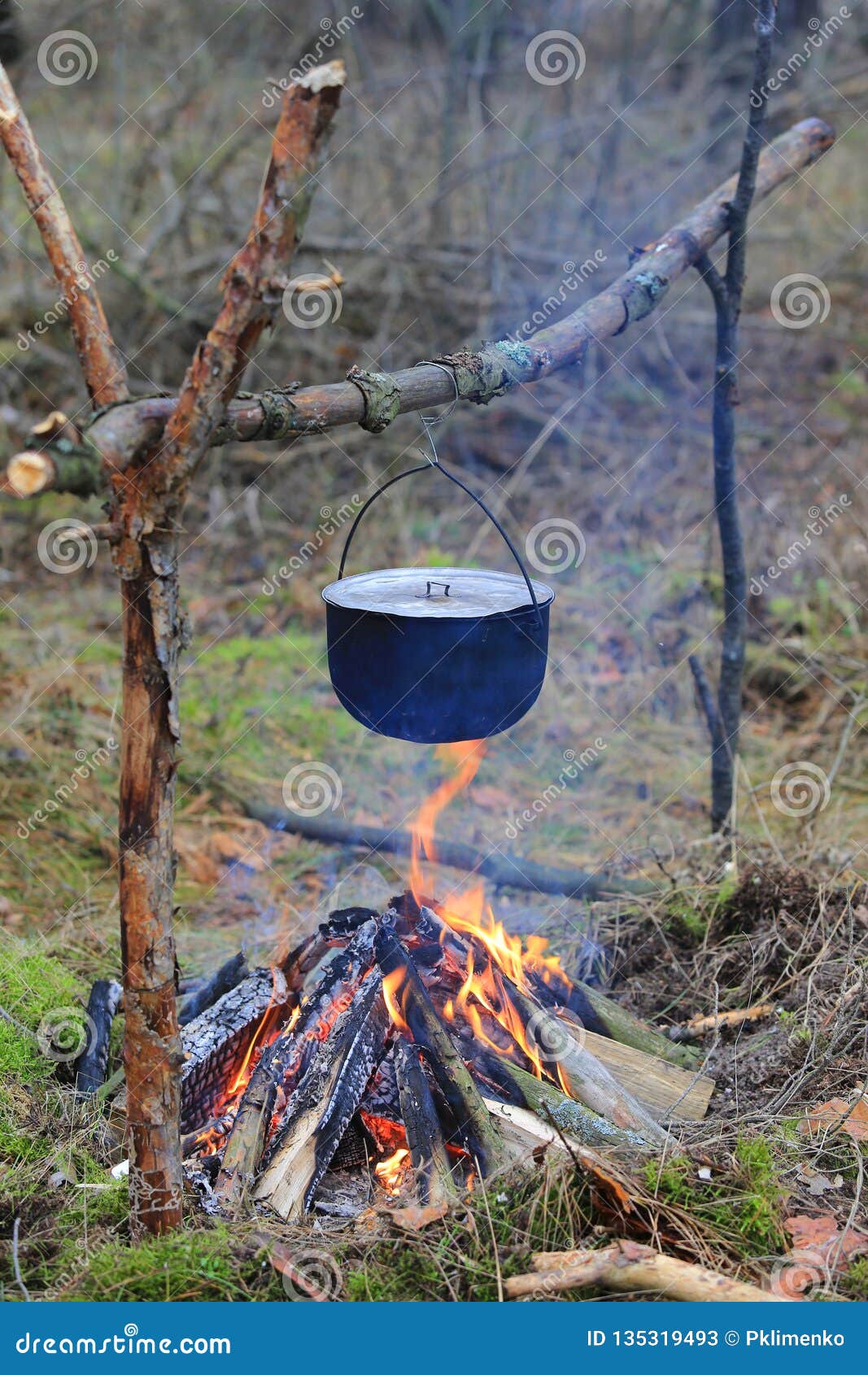 Old Smoked Kettle On The Fire. Romantic Warm Place. Kettle Hanging Over ...
