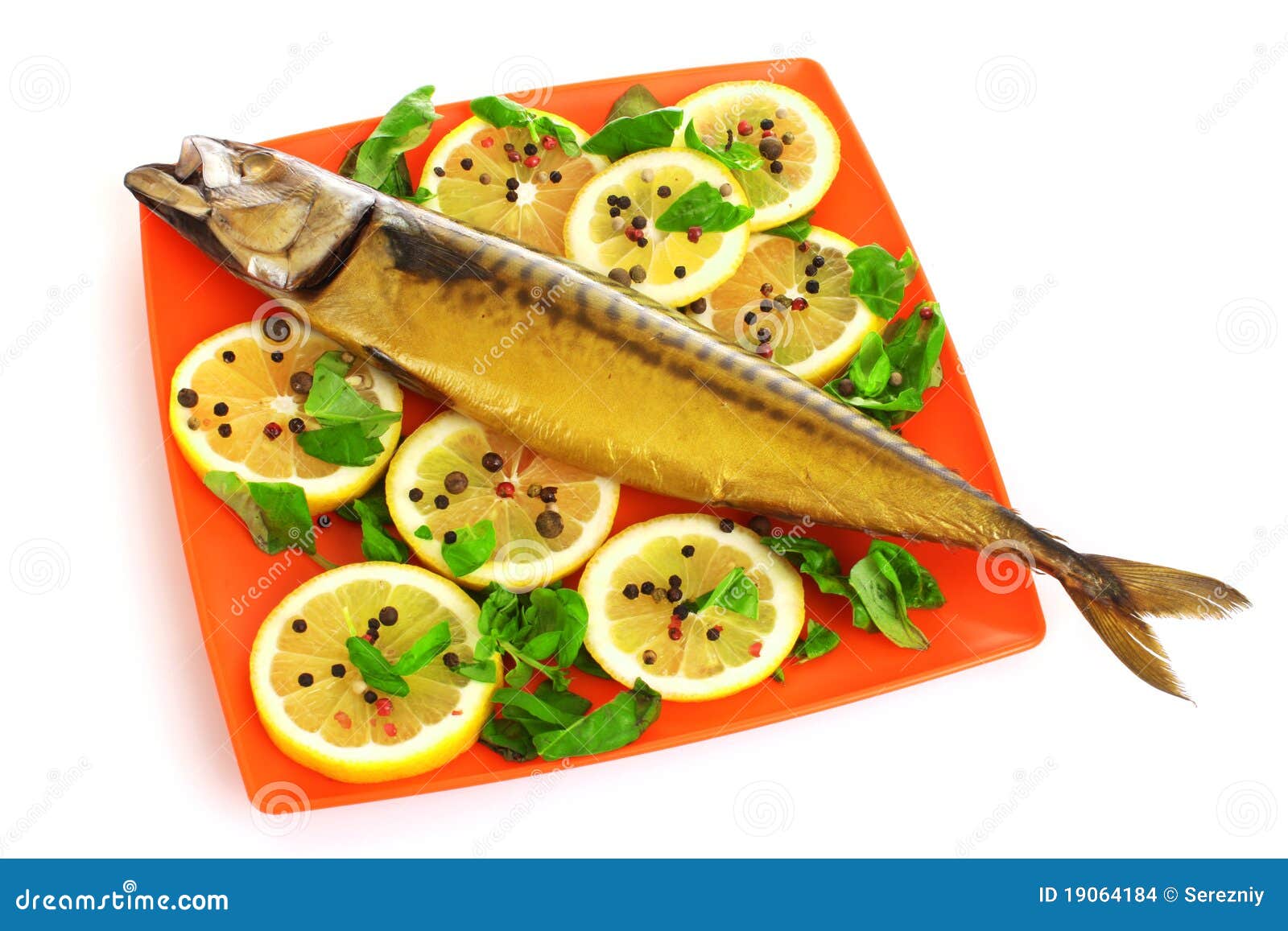 Smoked Mackarel on Plate Isolated Stock Photo - Image of mackerel ...