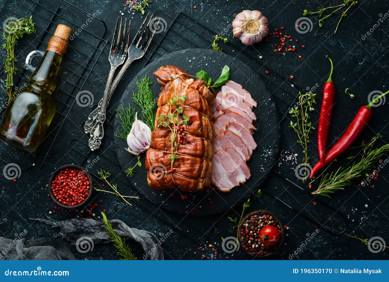 Smoked Pork Ham. Roast Meat. Top View Stock Photo - Image of rosemary ...