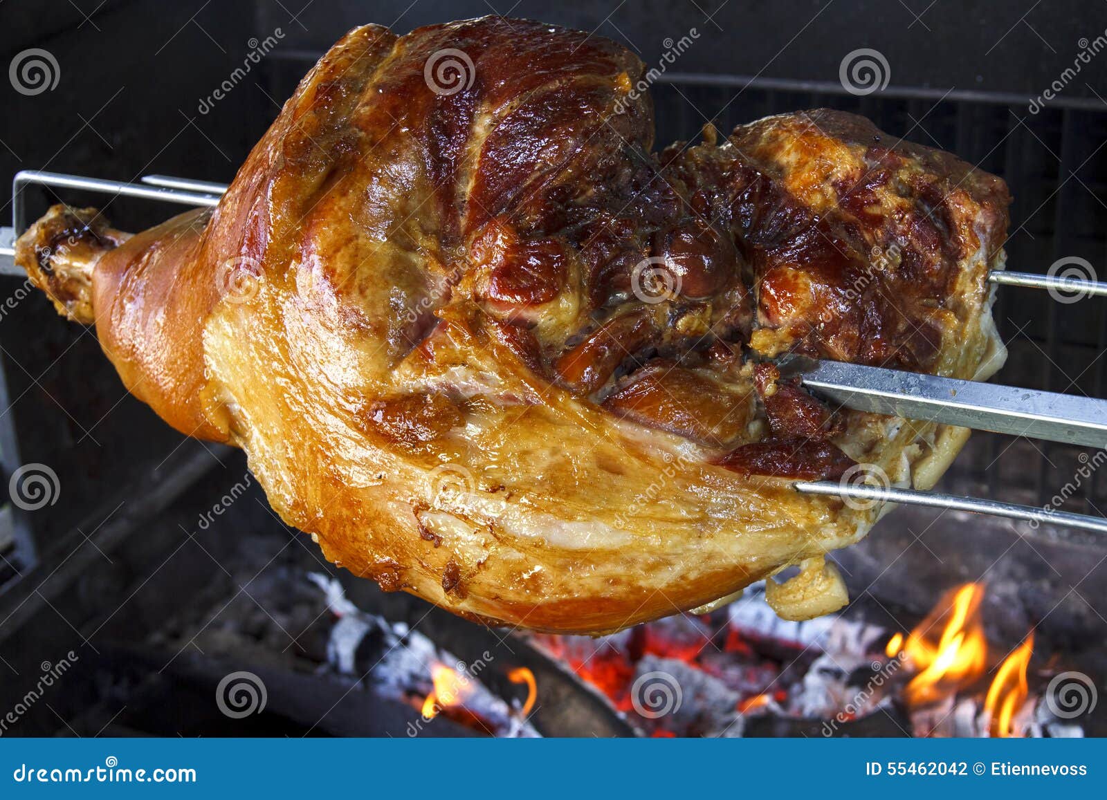 Smoked Pork Haunch on Spit Over Wood Fire. Stock Photo - Image of ...