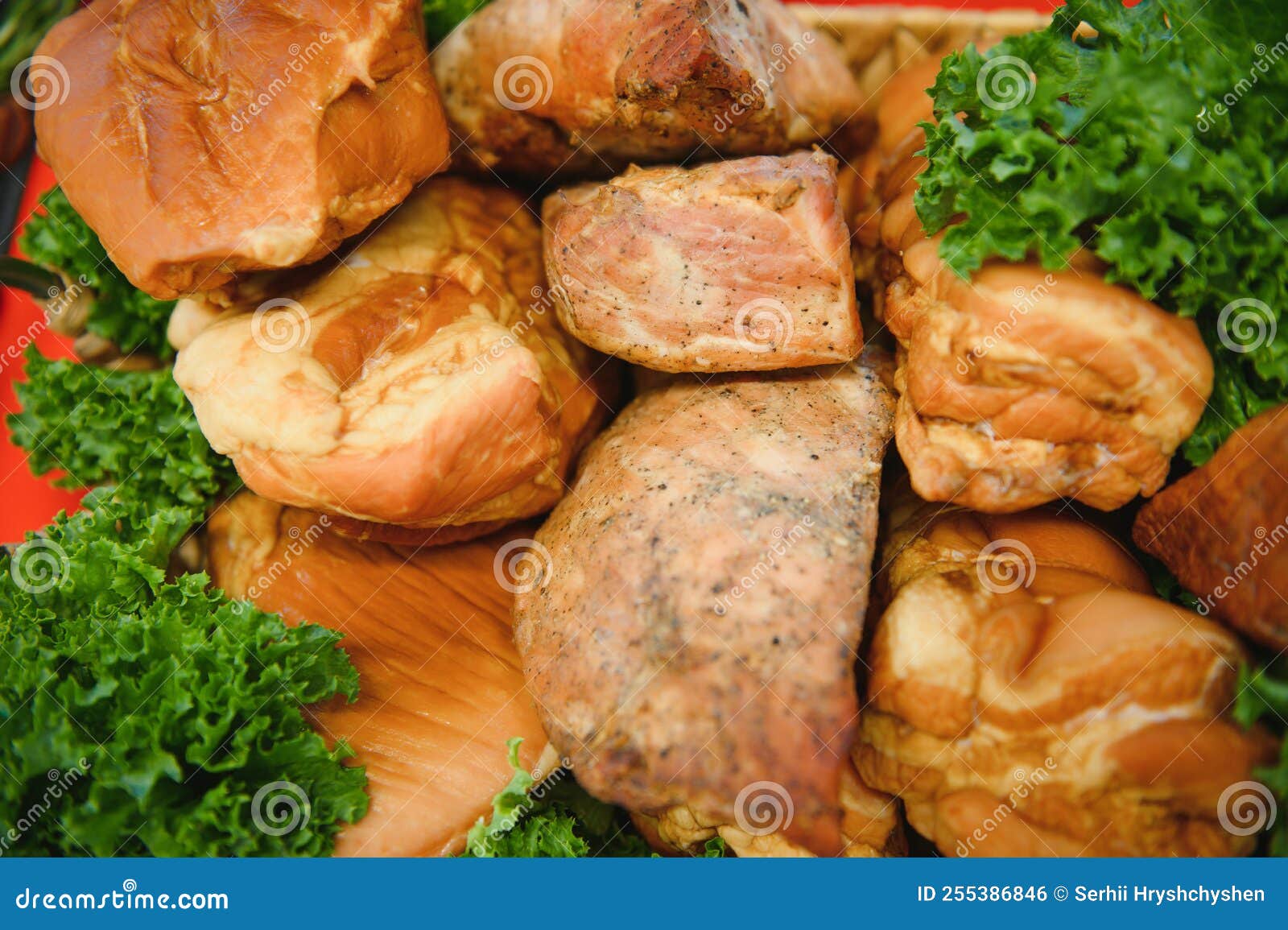 Smoked Pork Meat Products Composition Stock Photo - Image of wooden ...
