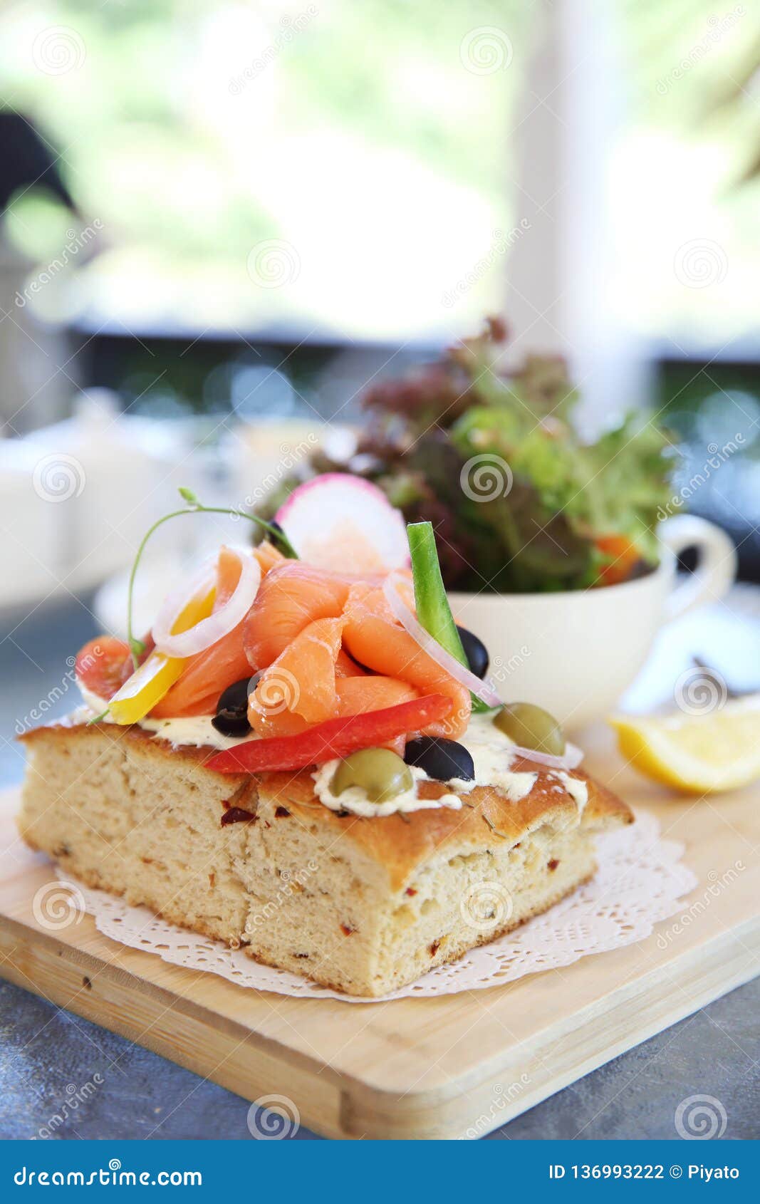 Smoked salmon with bread stock photo. Image of dill - 136993222