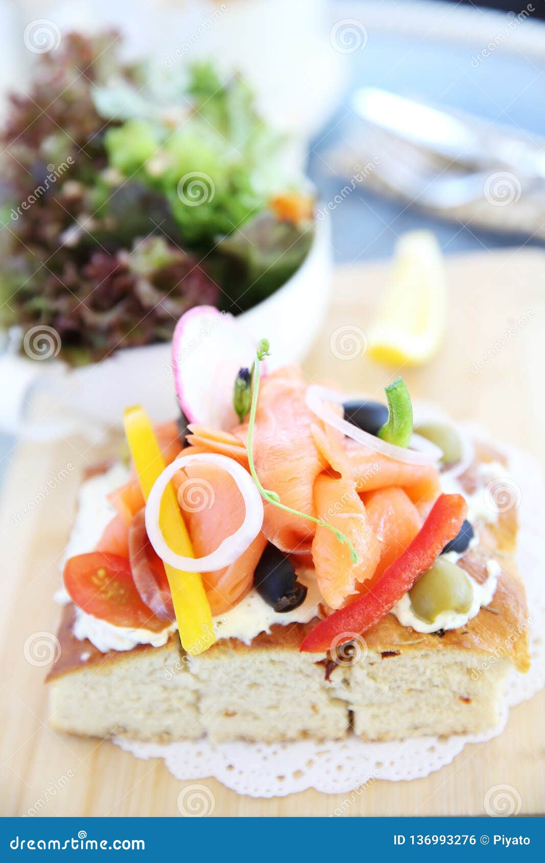 Smoked salmon with bread stock photo. Image of scrambled - 136993276
