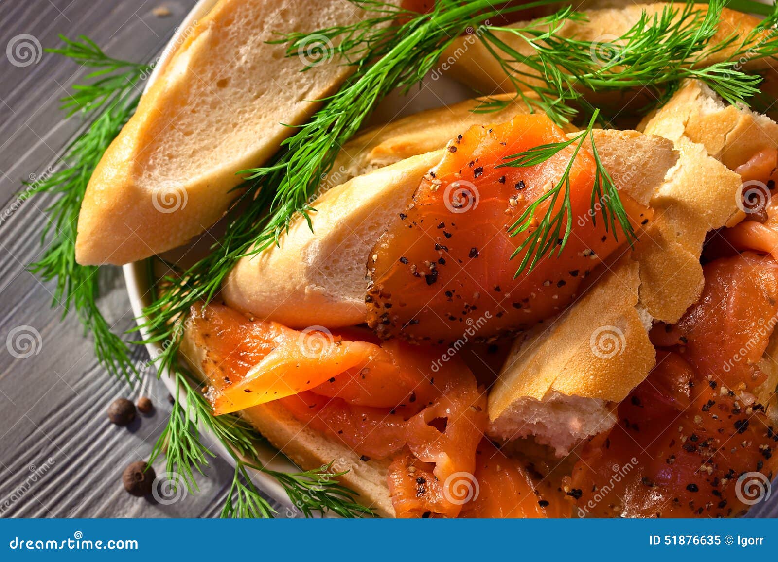 Smoked salmon with bread stock image. Image of seafood - 51876635