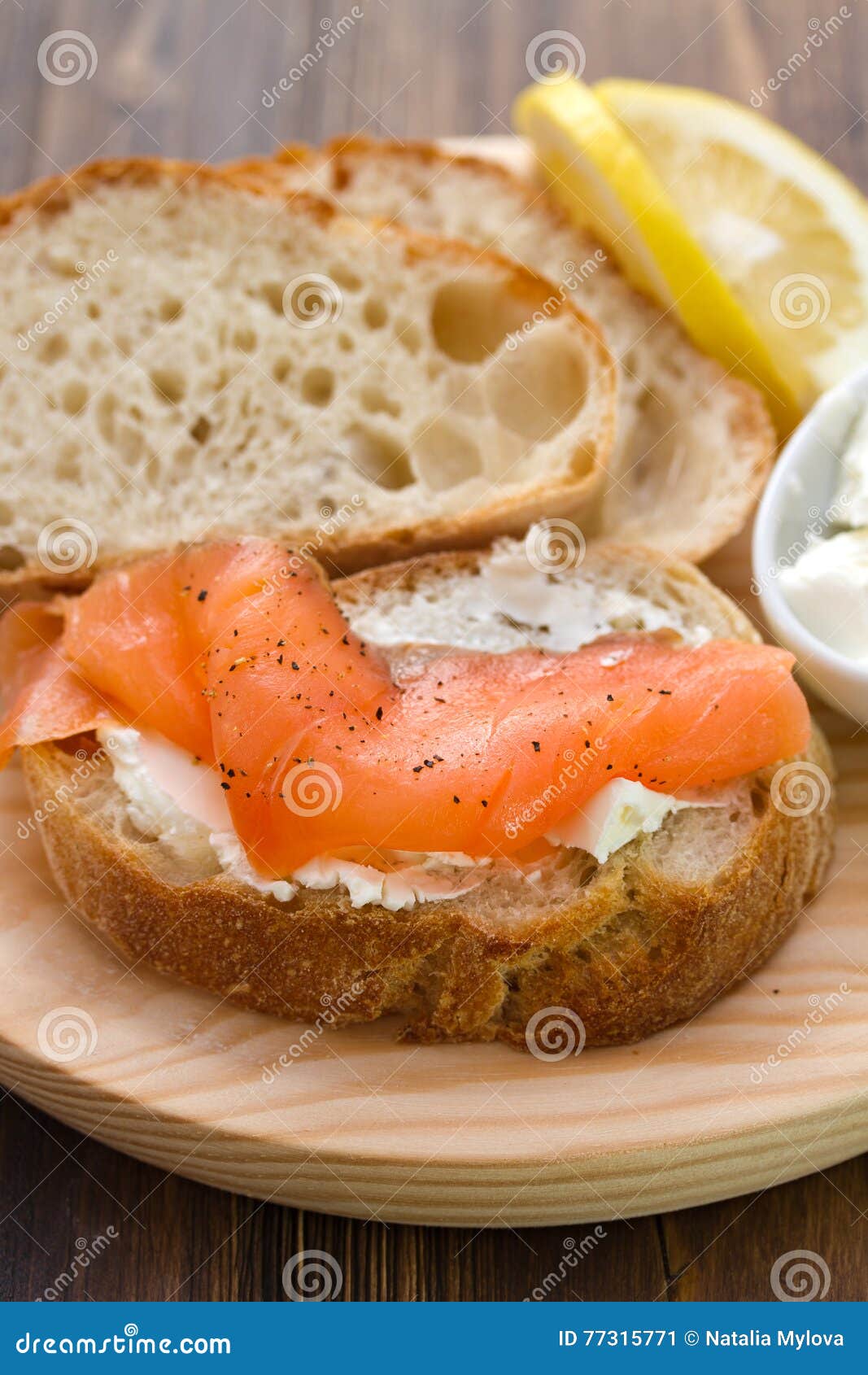 Smoked Salmon with Bread and Fresh Cheese Stock Image - Image of ...