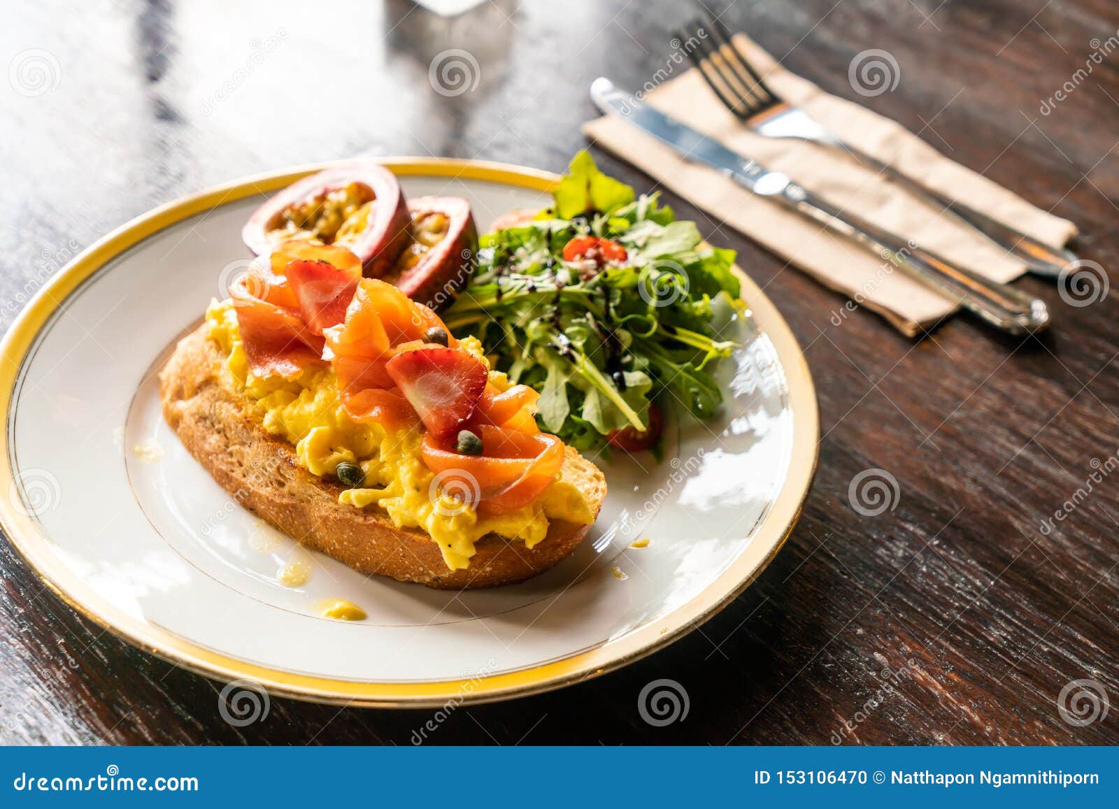 Smoked Salmon with Crumble Egg Toasted Stock Photo - Image of breakfast ...
