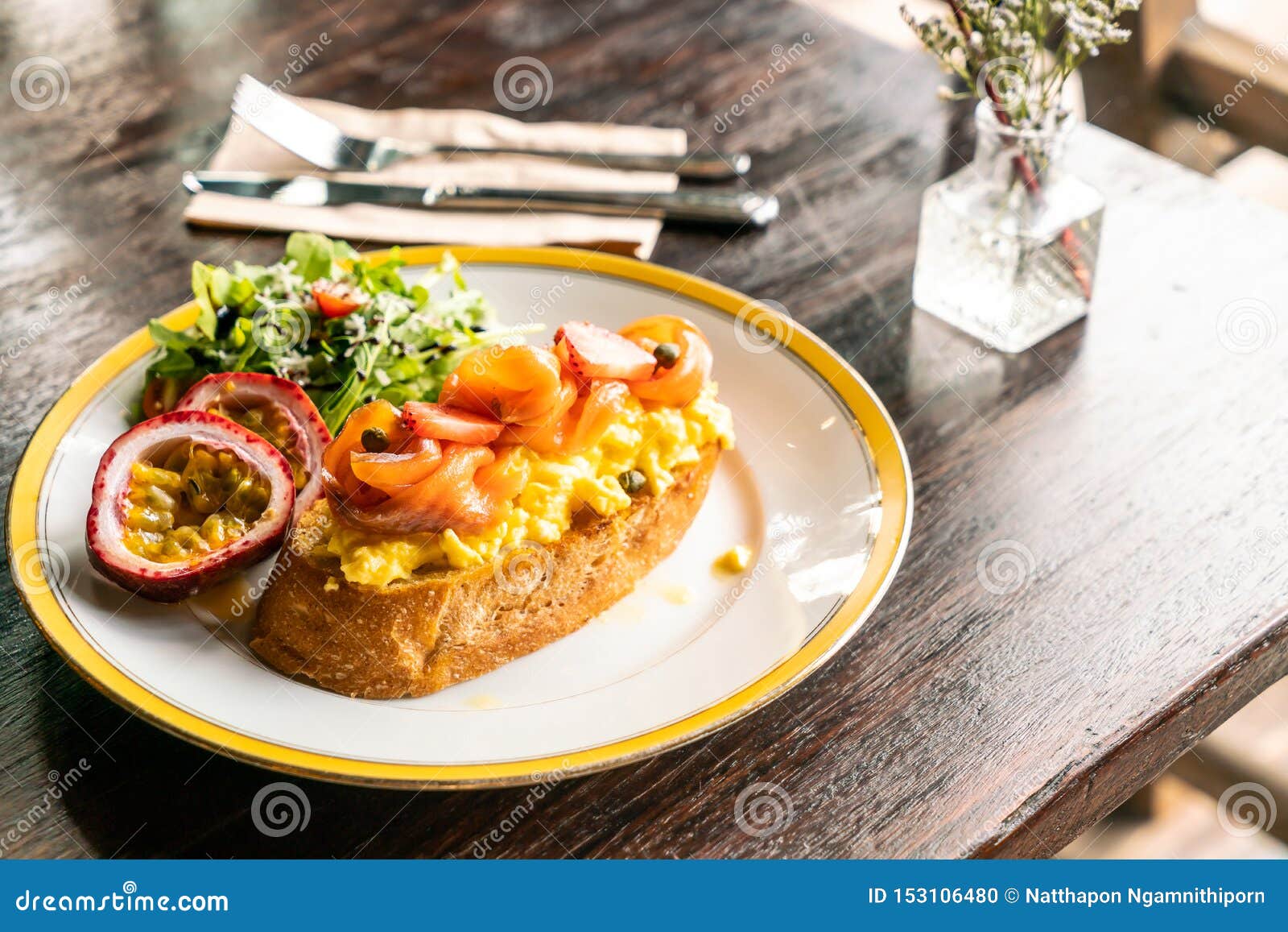 Smoked Salmon with Crumble Egg Toasted Stock Photo - Image of fresh ...