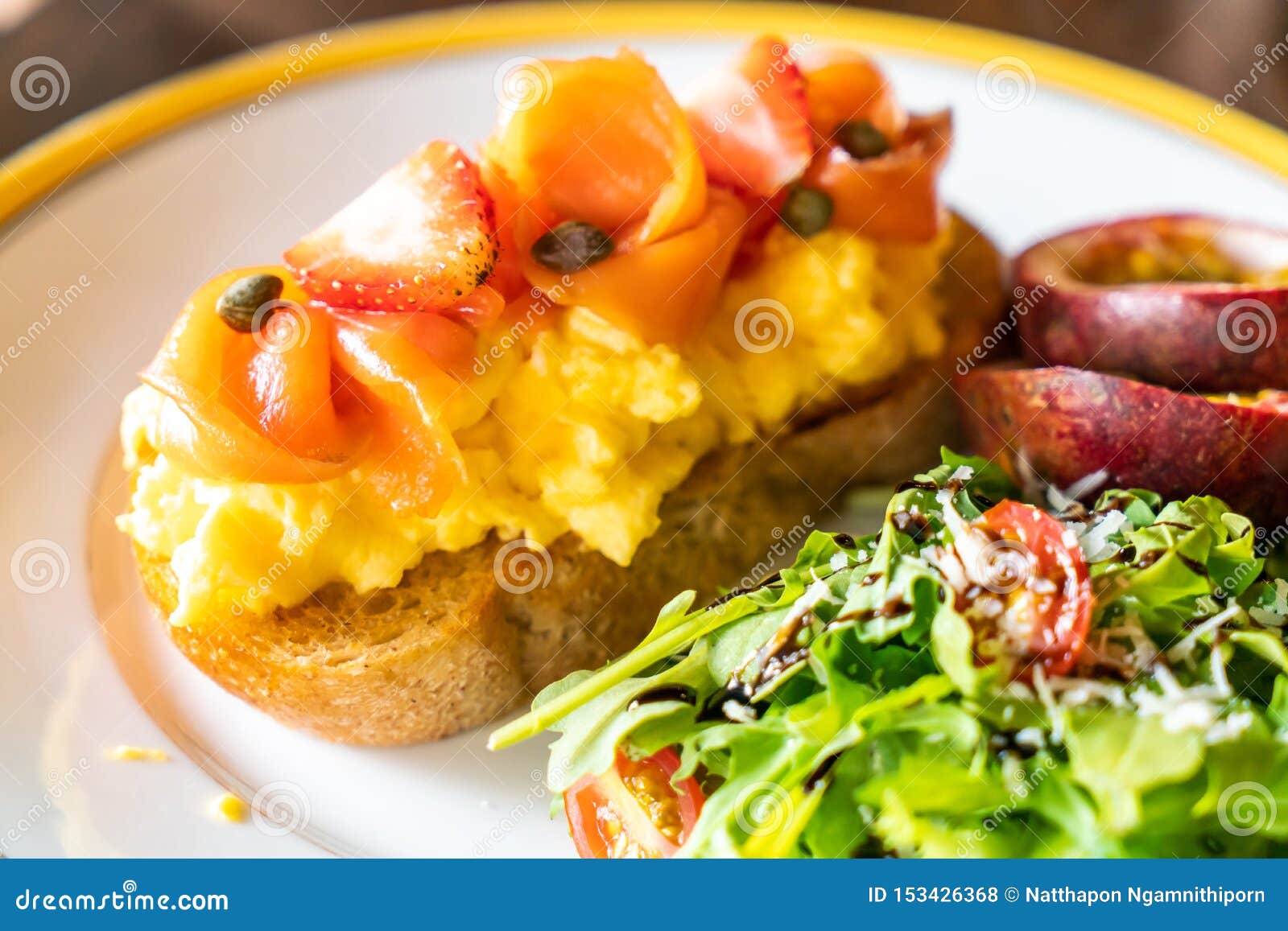 Smoked Salmon with Crumble Egg Toasted Stock Photo - Image of lunch ...