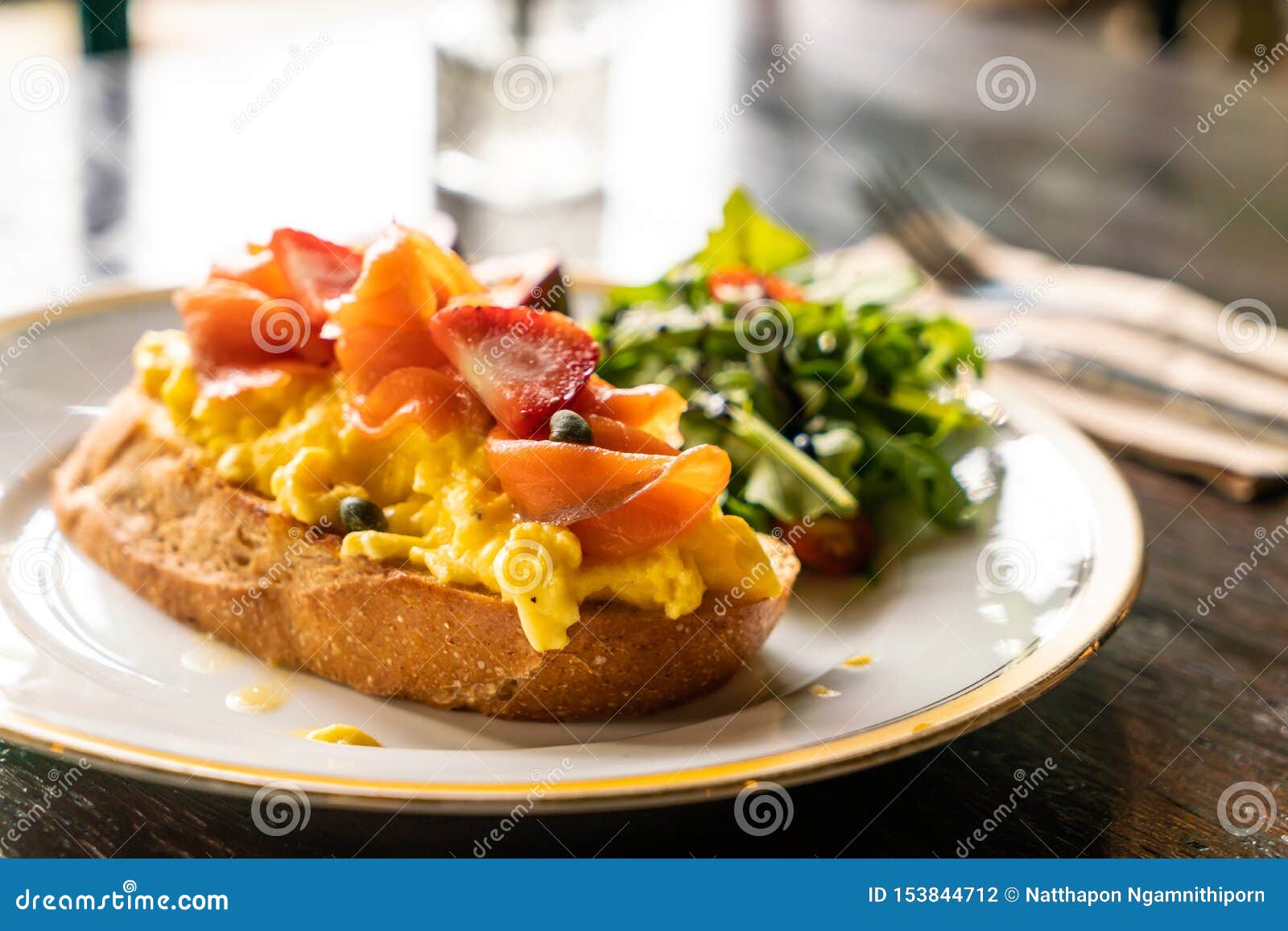 Smoked Salmon with Crumble Egg Toasted Stock Photo - Image of green ...