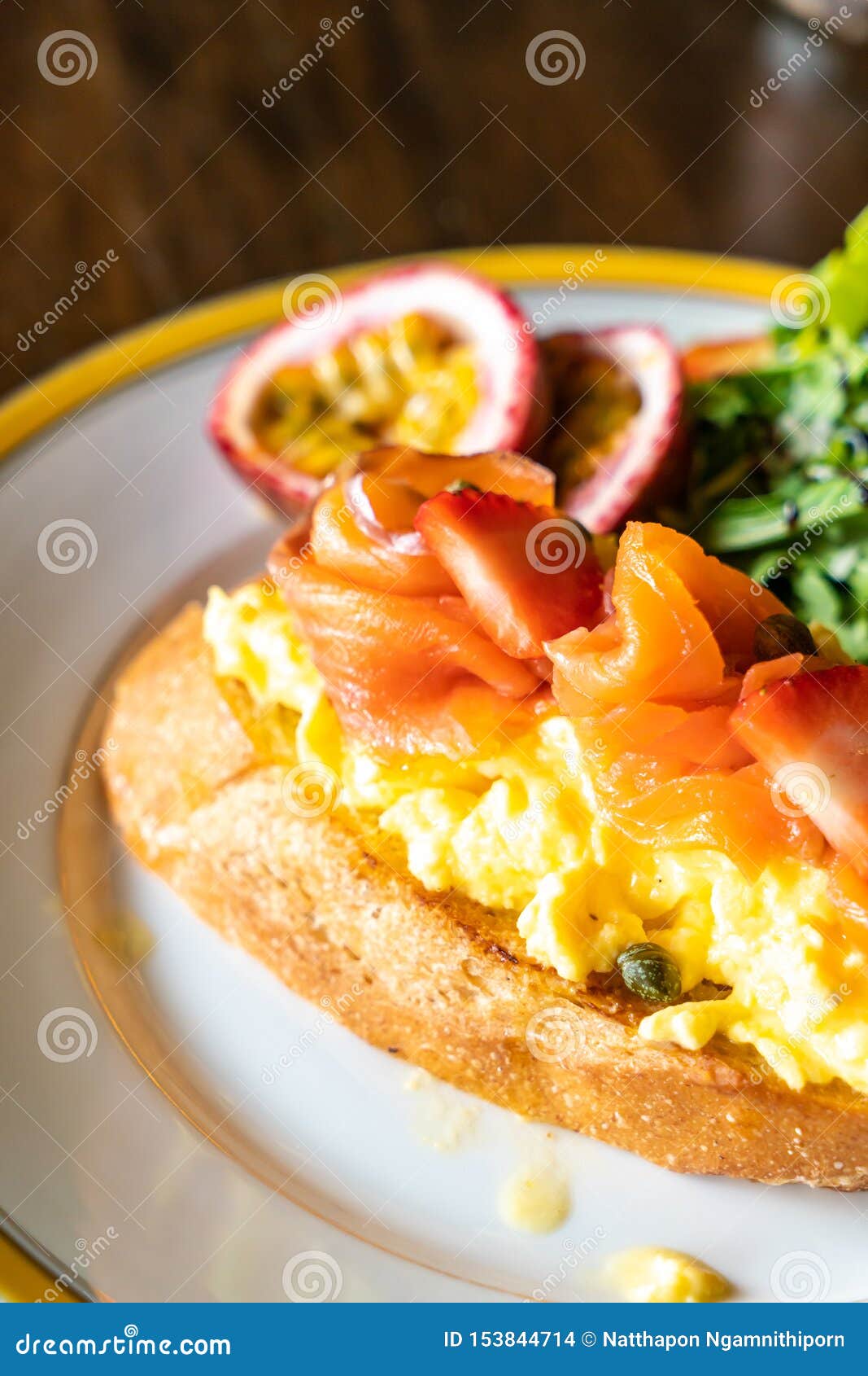 Smoked Salmon with Crumble Egg Toasted Stock Photo - Image of green ...