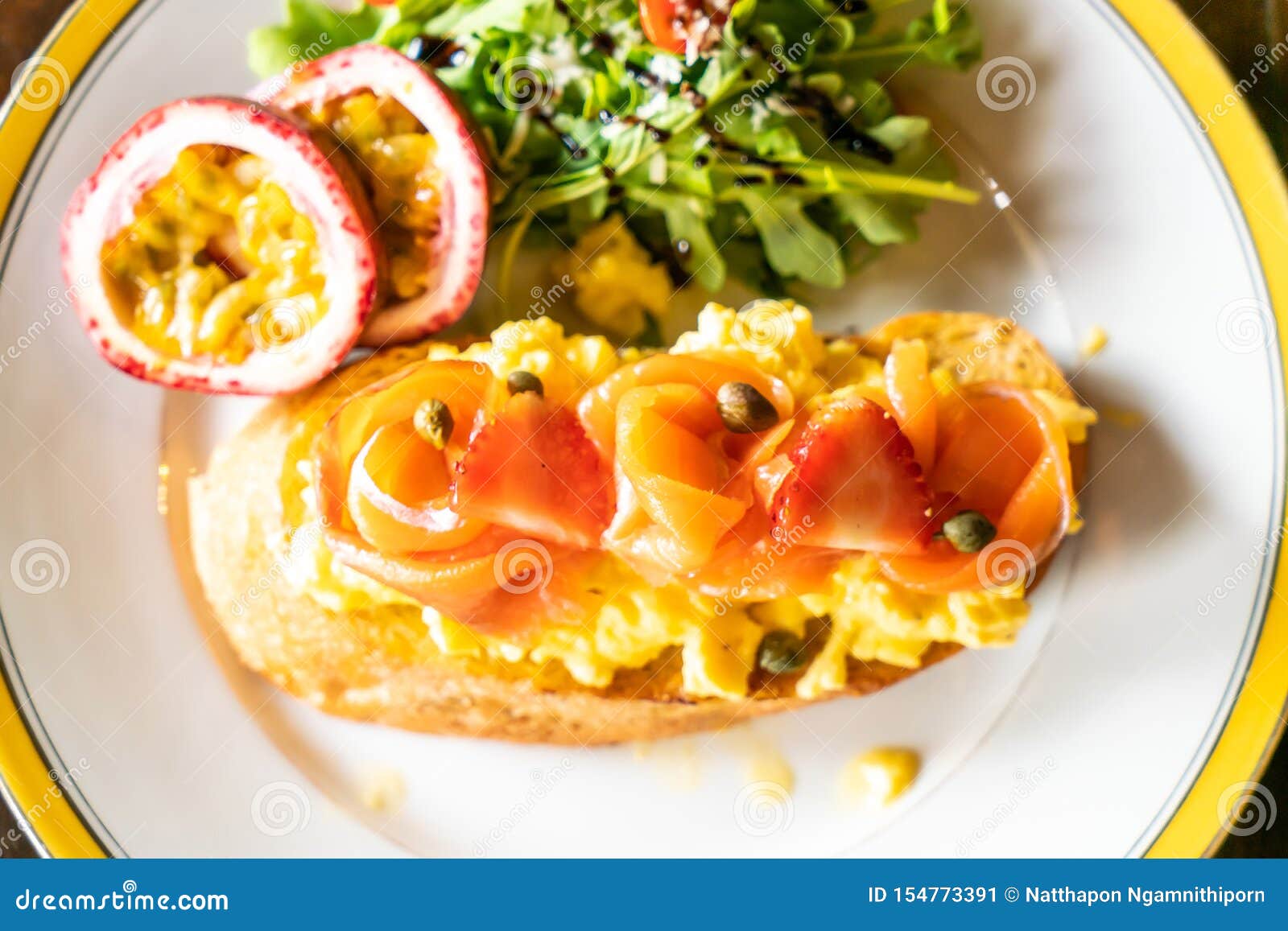 Smoked Salmon with Crumble Egg Toasted Stock Image - Image of organic ...