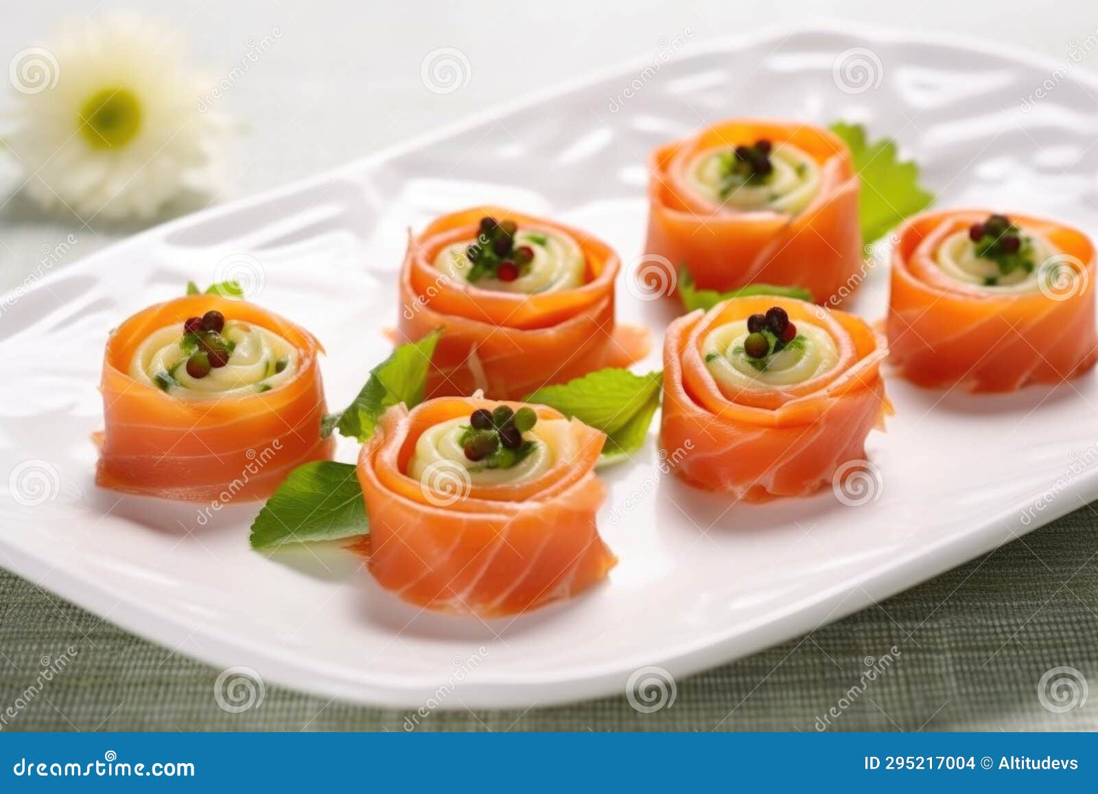 Smoked Salmon Rosettes Served with Caper Berries on a White Plate Stock ...