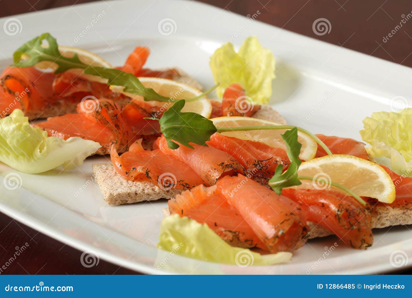 Smoked salmon snacks stock image. Image of lemon, salad - 12866485