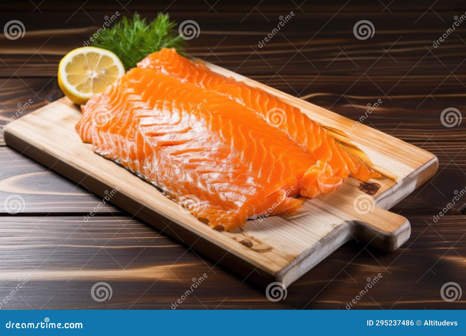 Smoked Salmon on a Wooden Board Stock Photo - Image of generative ...