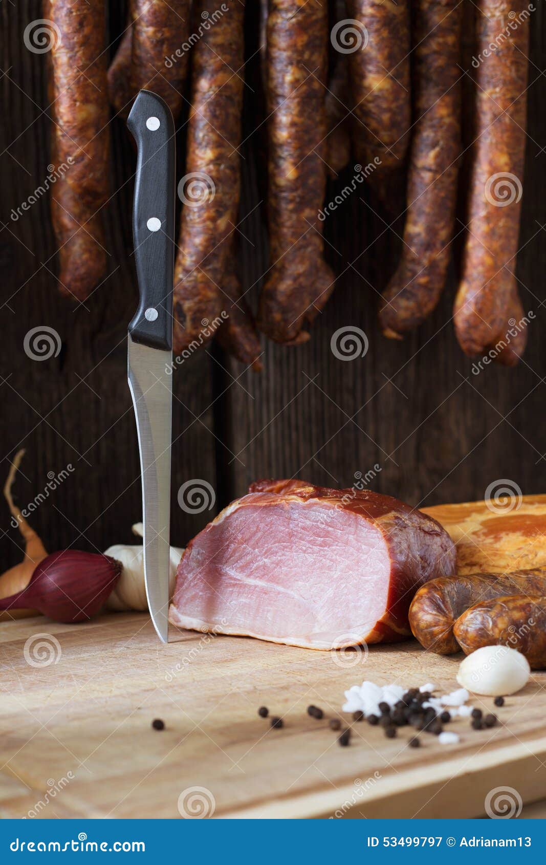 Smoked sausage and meat stock image. Image of meats, collage - 53499797