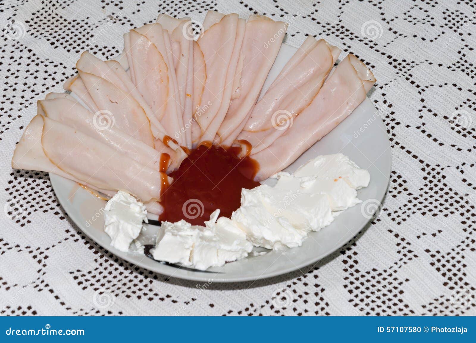 Smoked Turkey Ham Tomato Ketchup and Cows Cheese on the Plate Stock ...