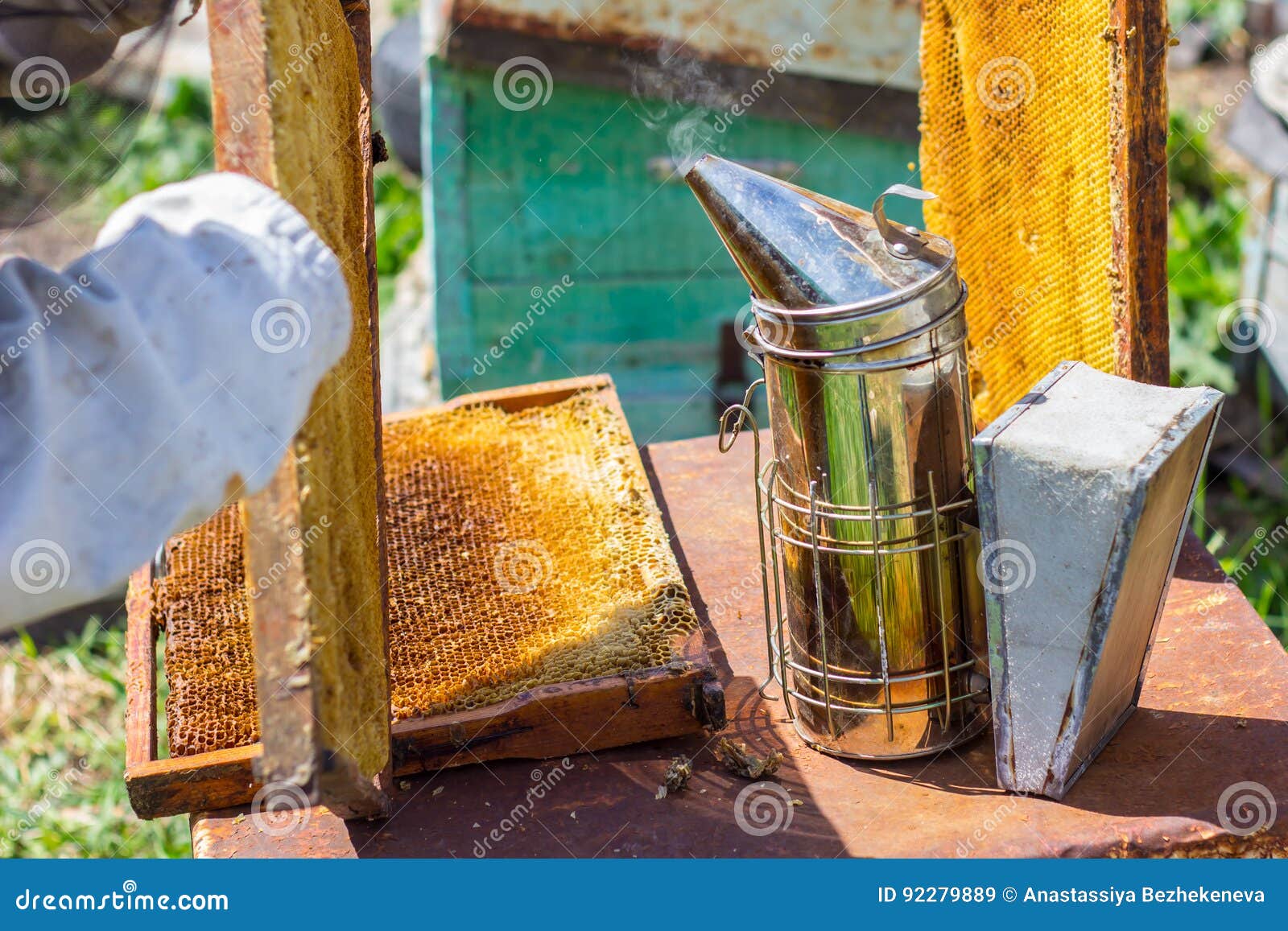 Smoker on beehive stock image. Image of blue, equipment - 92279889
