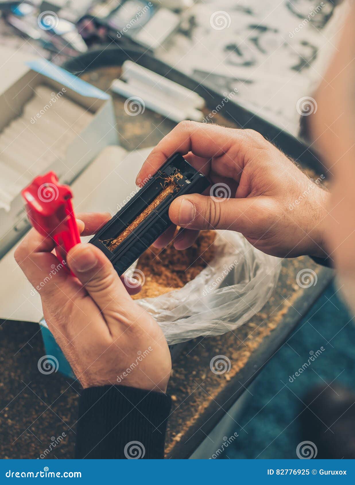 Smoker Man Roll Tobacco Cigarettes Using Rolling Machine Stock Image ...