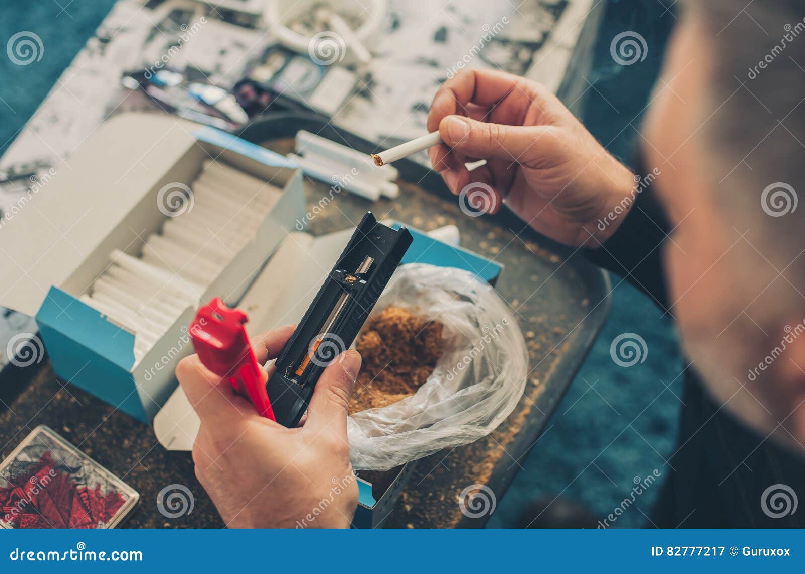 Smoker Man Roll Tobacco Cigarettes Using Rolling Machine Stock Image ...