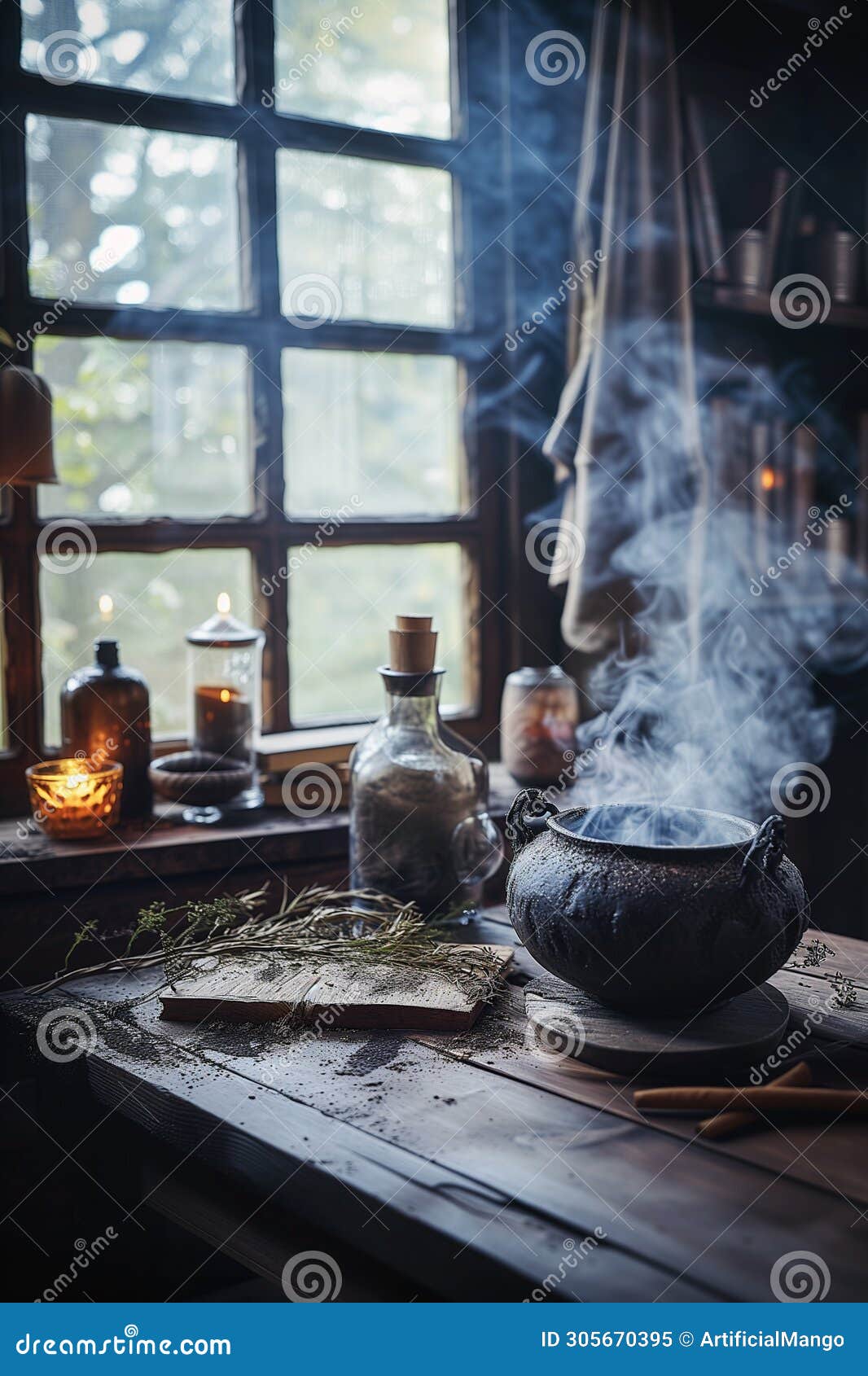 Smoking Cauldron in Witch House. AI Generated. Stock Illustration ...